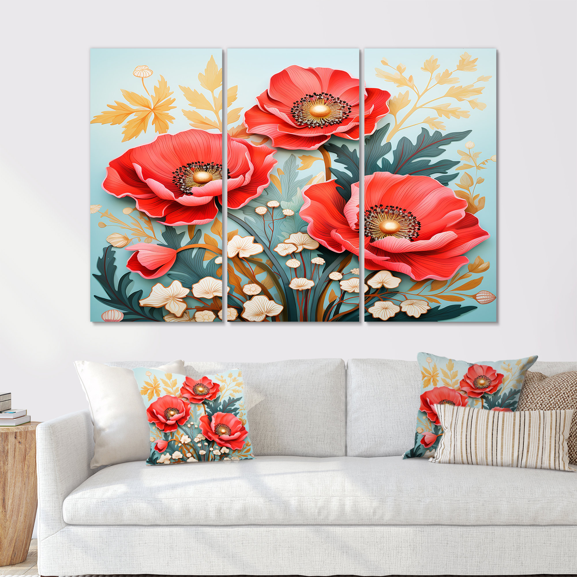 Design Art Red Poppies On Retro Blue - Poppy Wall Art Decor Set | Wayfair