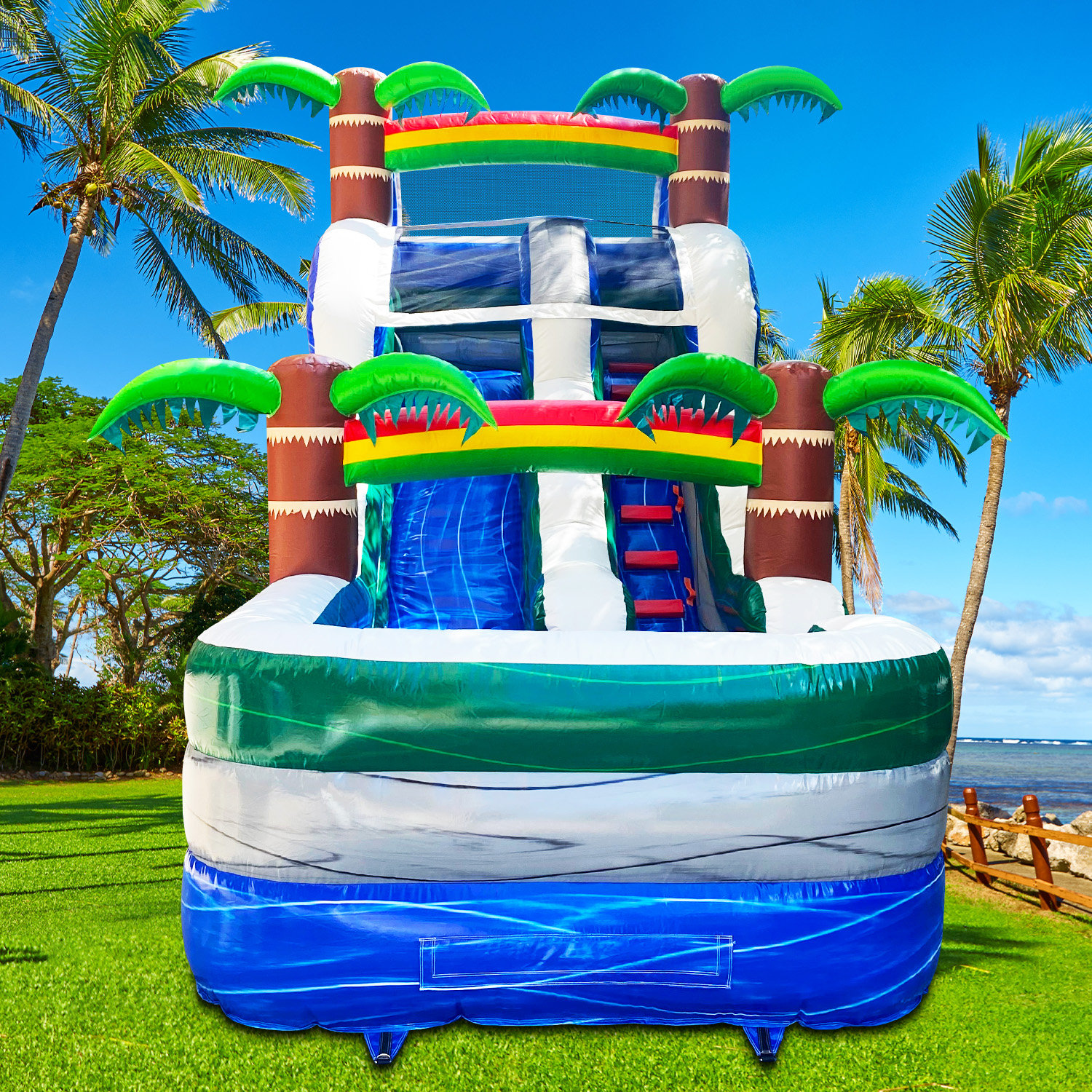 GOOSH 14' x 21' Tropical Palm Tree Inflatable Water Slide with Air ...