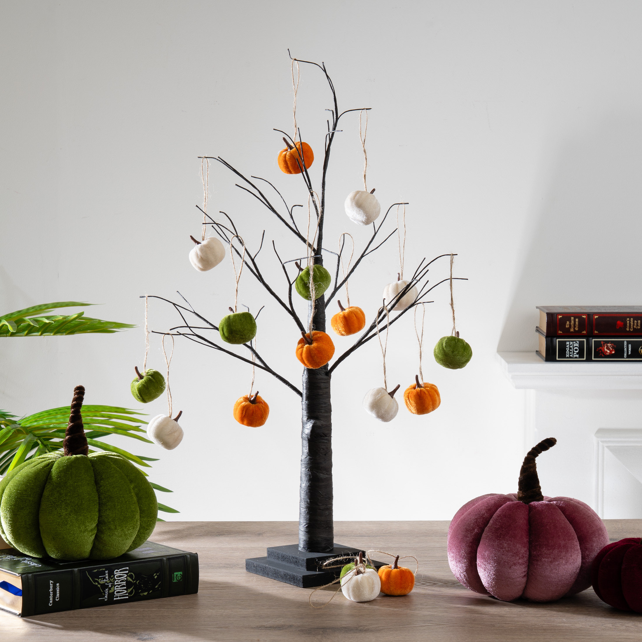 Scottish Everlastings Ltd Black Twig Tree and Hanging Velvet Pumpkins ...