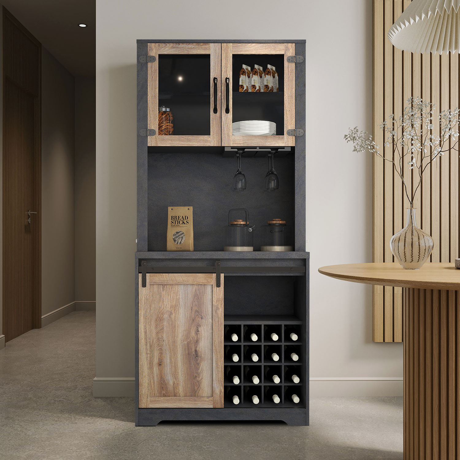 Gracie Oaks Munich Freestanding Wooden Tall Bar Cabinet with Bottle ...