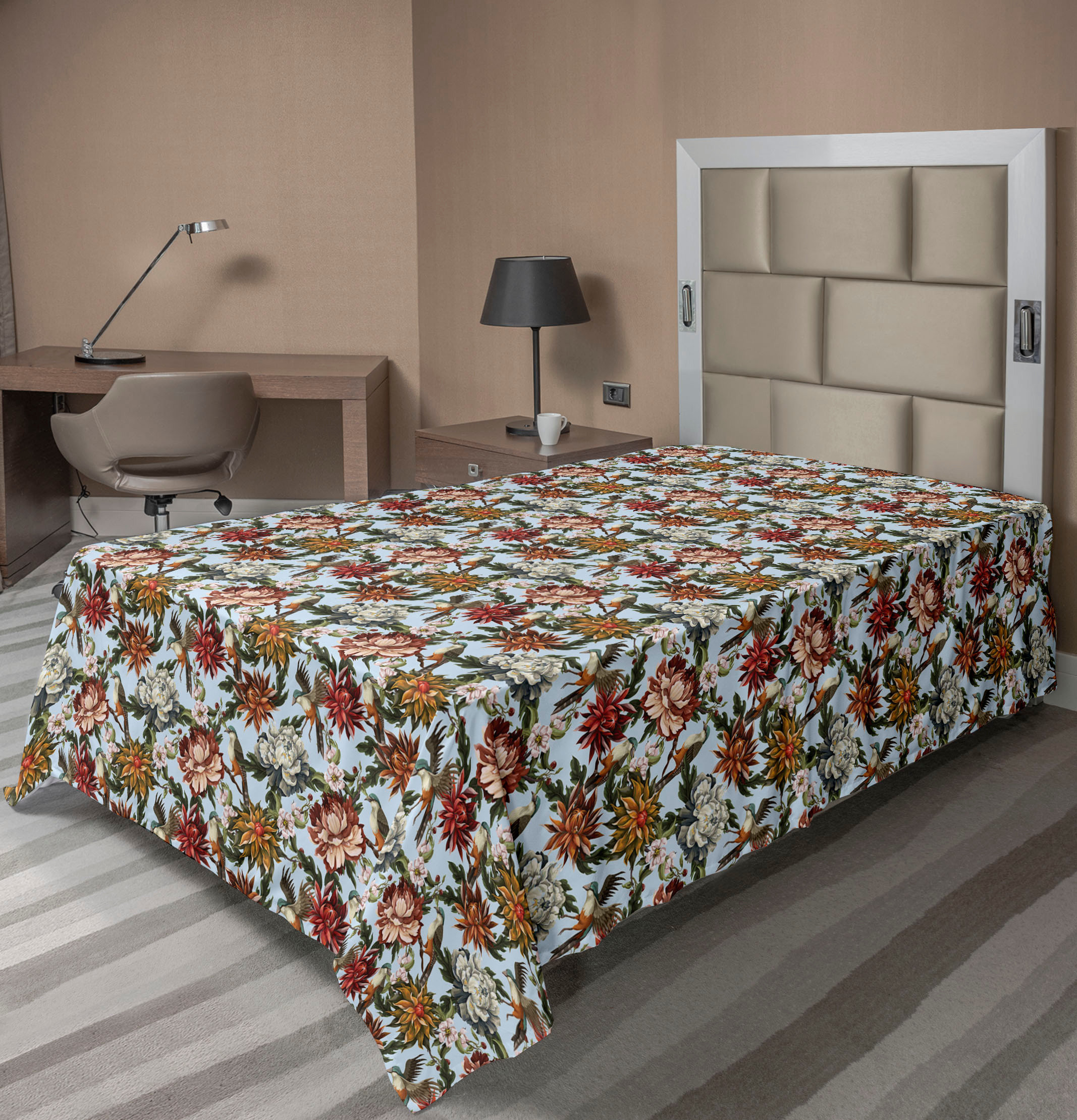 Ambesonne Botanical Flat Sheet Bird Print Spring Flowers Size Soft Blue ...