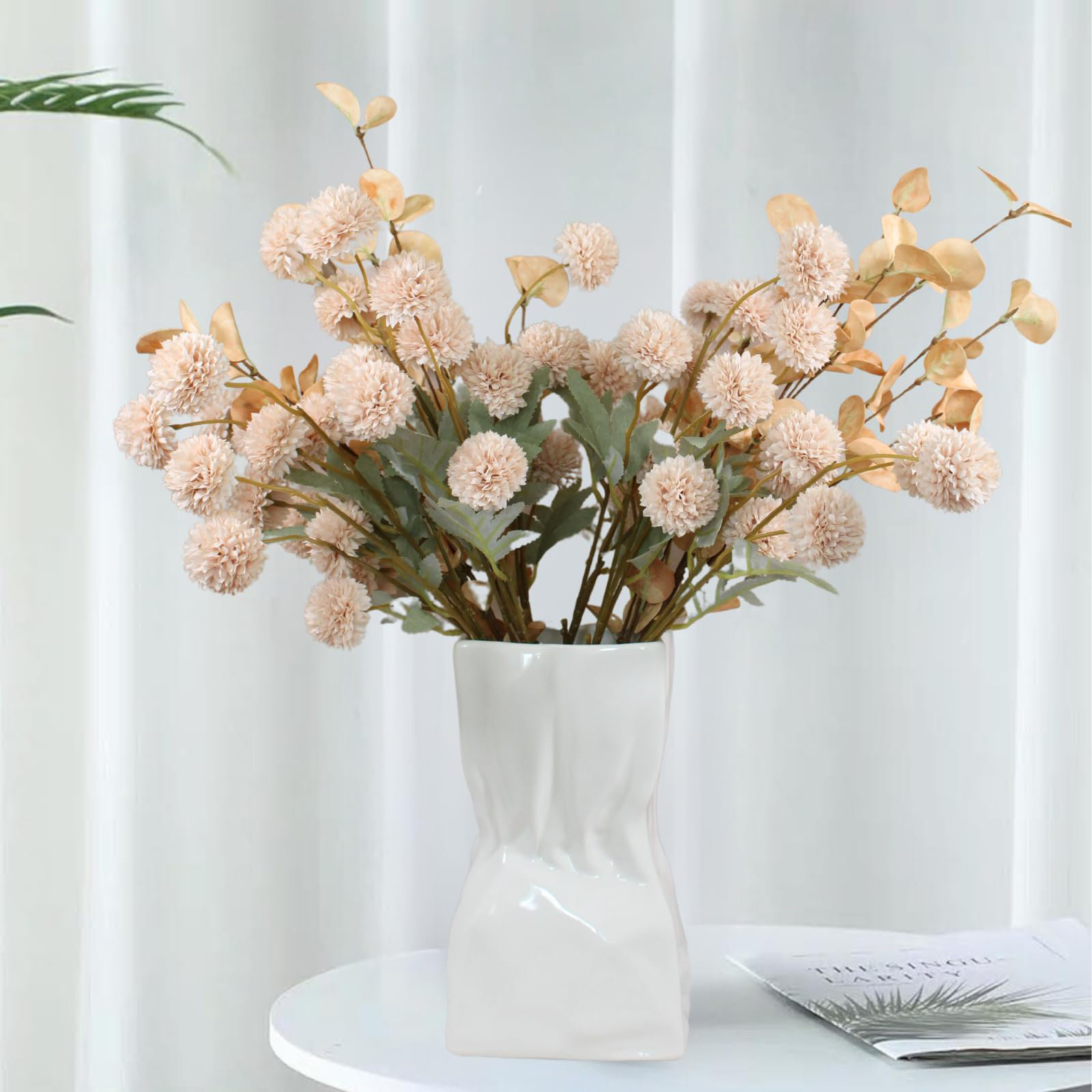 Primrue Beige Flowers Artificial + Eucalyptus, Fake Mums Long Stem ...