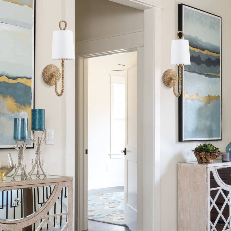 Breakwater Bay Modern Armed Wall Sconces With White Fabric Shade | Wayfair