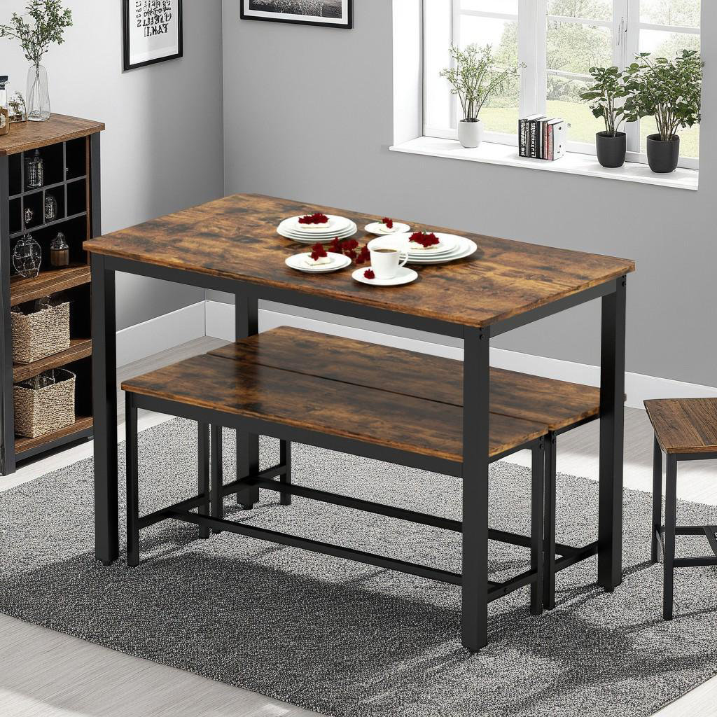 17 Stories Industrial Bar Table Set with 2 Benches, Rustic 43.3 ...