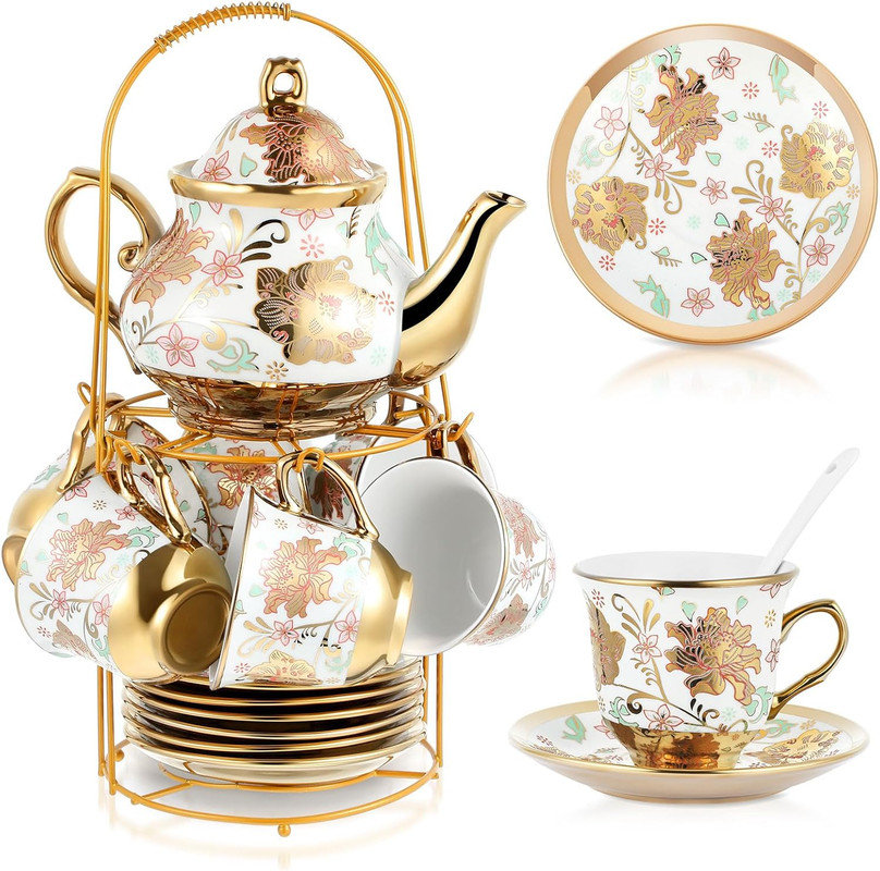 Bloomsbury Market 20-Piece Porcelain Tea Set with Metal Holder & Spoons ...