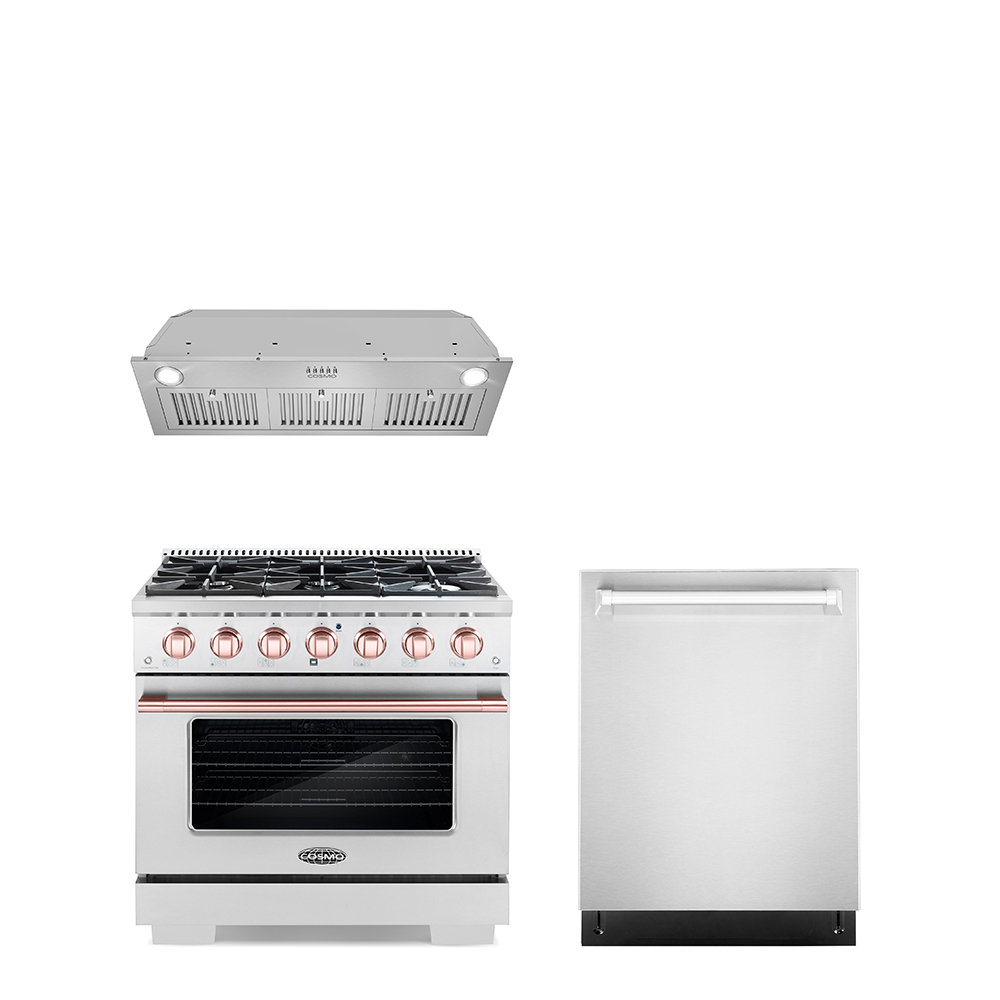 Cosmo 3 Piece Kitchen Appliance Package with 36'' Gas Freestanding ...