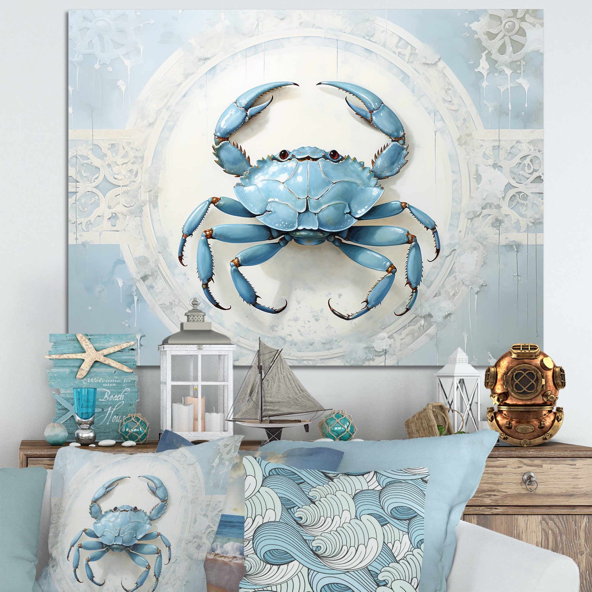 Highland Dunes Minimalism Blue Crab Impression - Crab Wall Decor ...