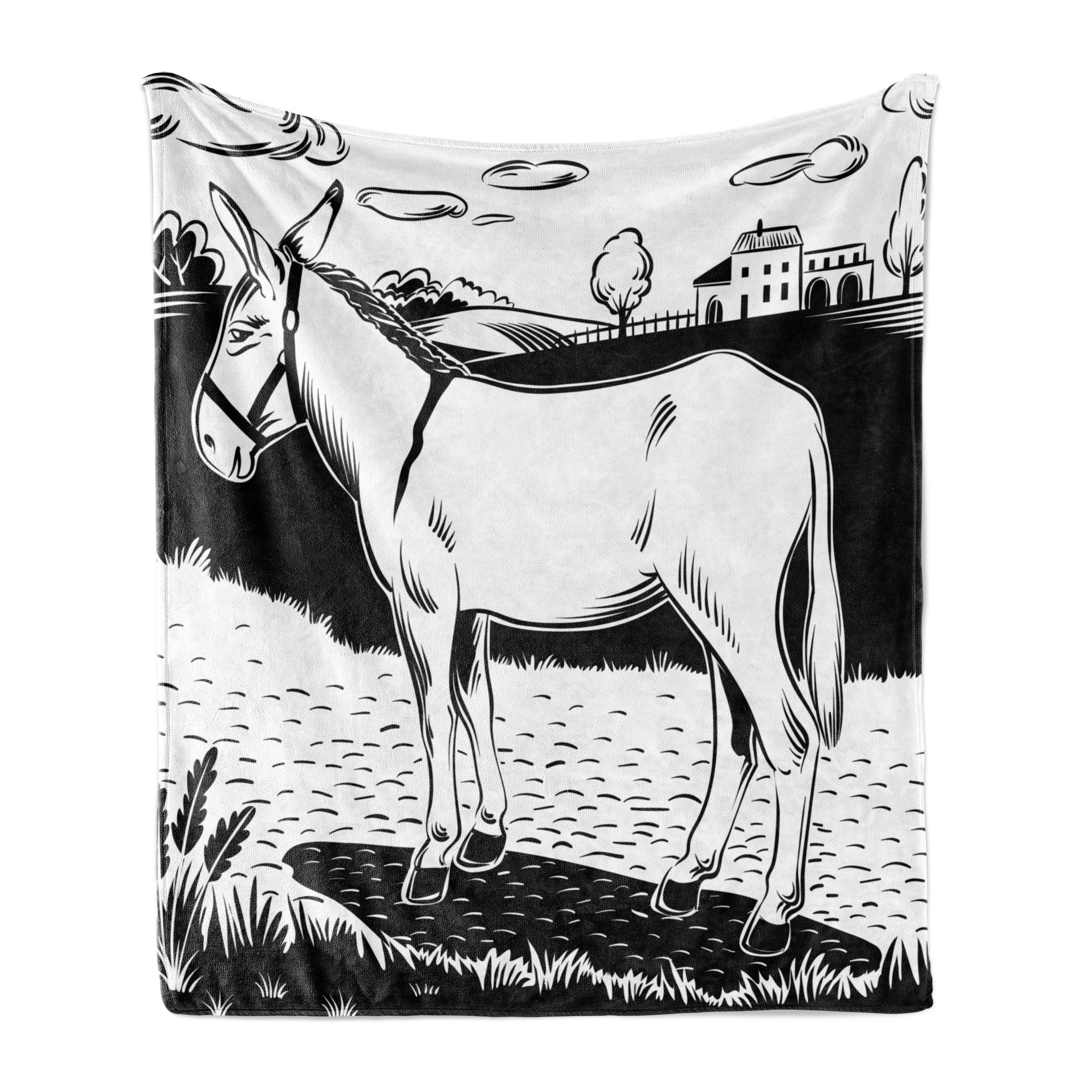 Ambesonne Donkey Fleece Throw Blanket Farmland Village and Animal Black ...