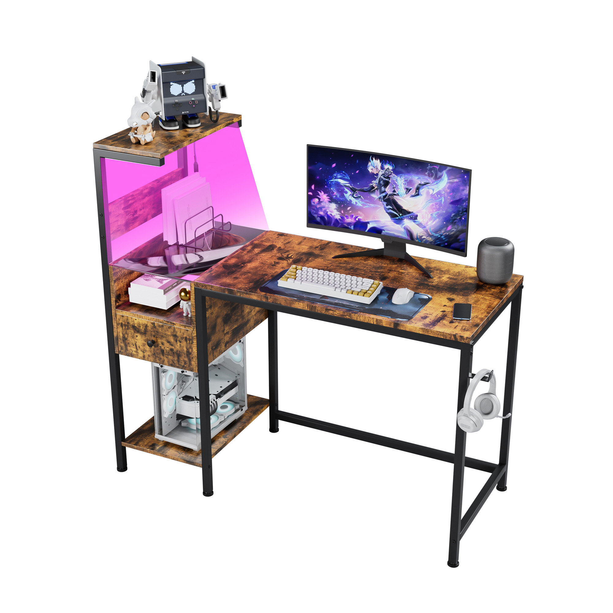 17 Stories Computer Desk With Power Outlet & Storage Shelves, Study ...