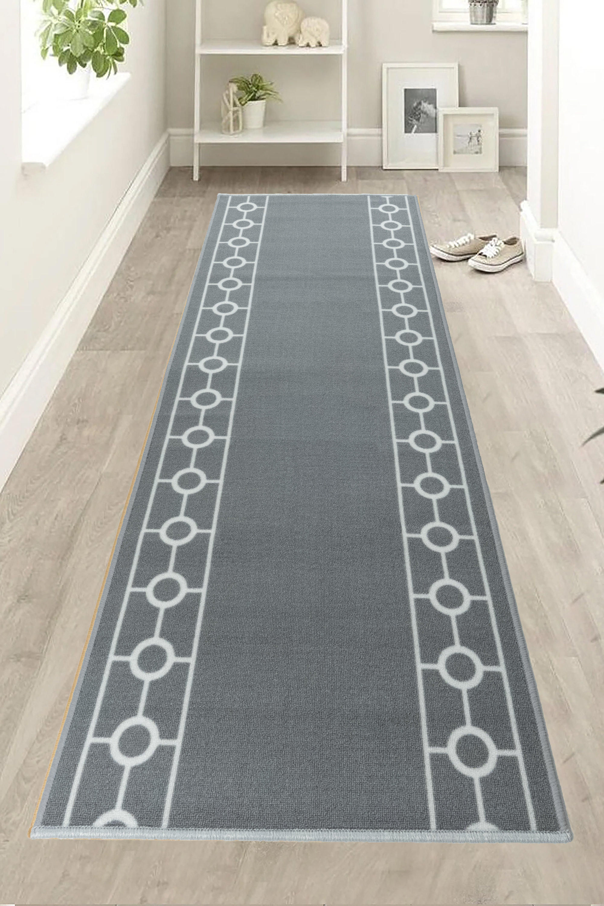Mercer41 Custom Size Runner Rug Chain Bordered Grey Low Pile Slip ...