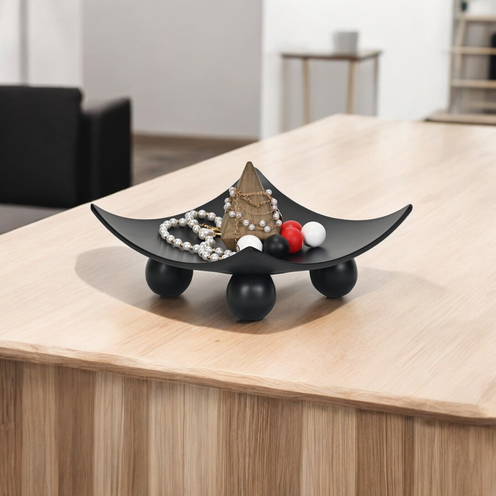 Ivy Bronx Clyne Curved Black Wood Trays on Wood Orbs | Wayfair
