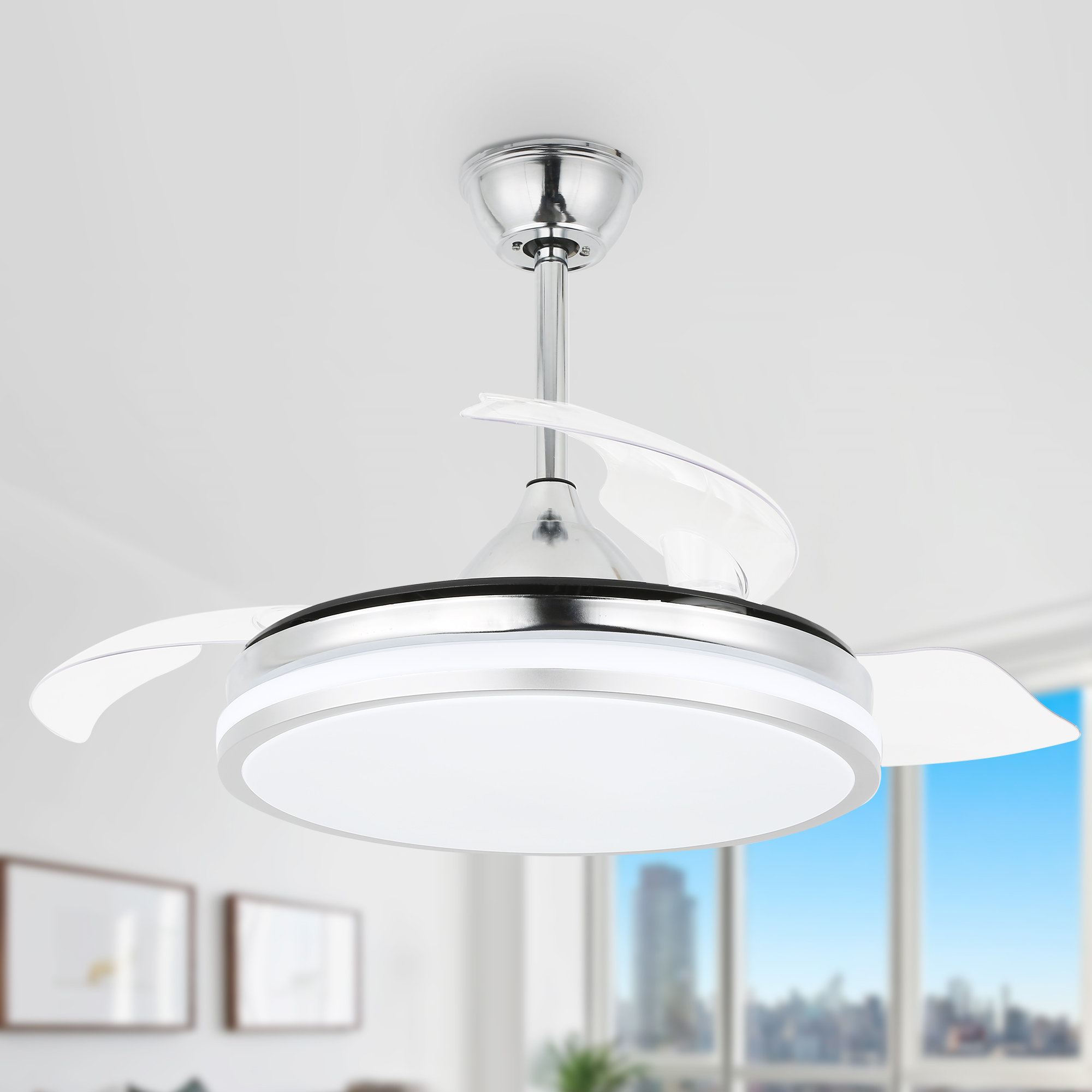 Orren Ellis 42“ Retractable Ceiling Fan with LED Light and Remote, 6 ...