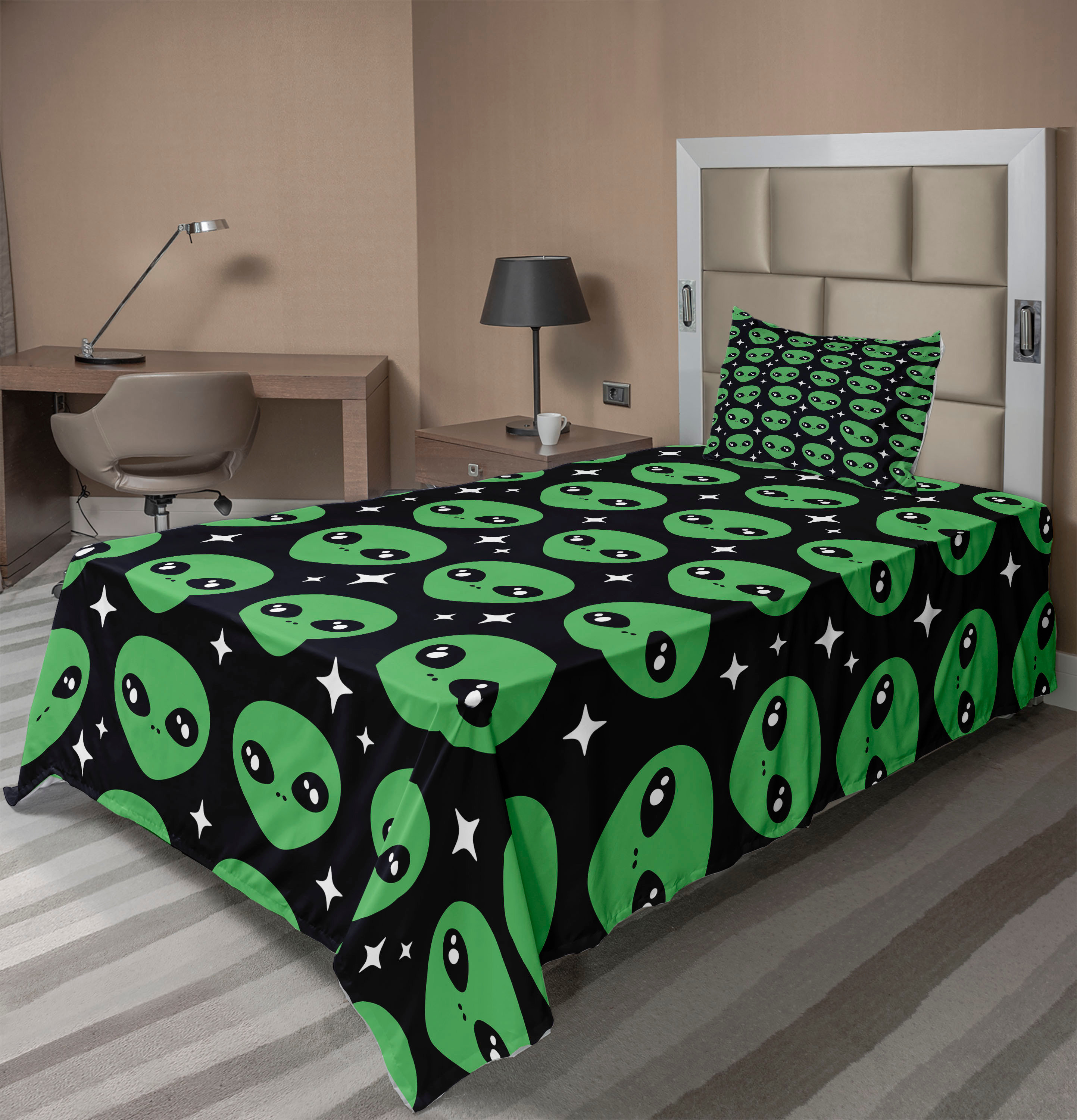 Ambesonne Alien Sheet Set Stars Extraterrestrial Faces Green Charcoal ...