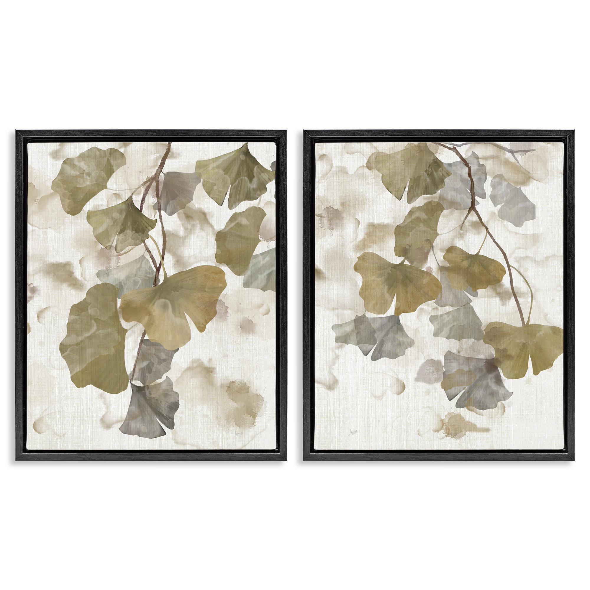 Winston Porter Rustic Gingko Leaves 2 Piece Grain Framed Floater Canvas Set by Nan | Wayfair