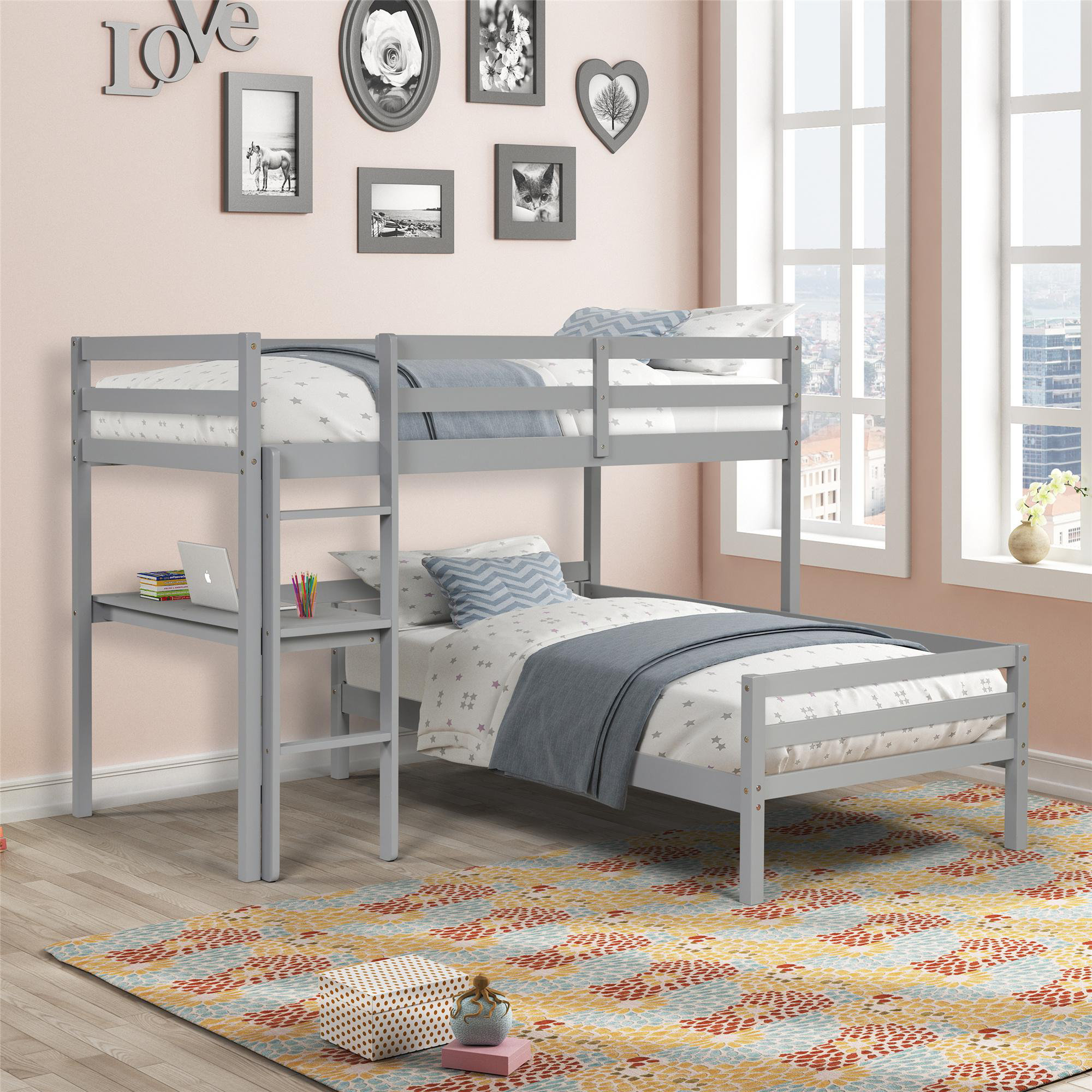 Harriet Bee Cuyamaca Twin Over Twin Solid Wood L-Shaped Bunk Beds with ...