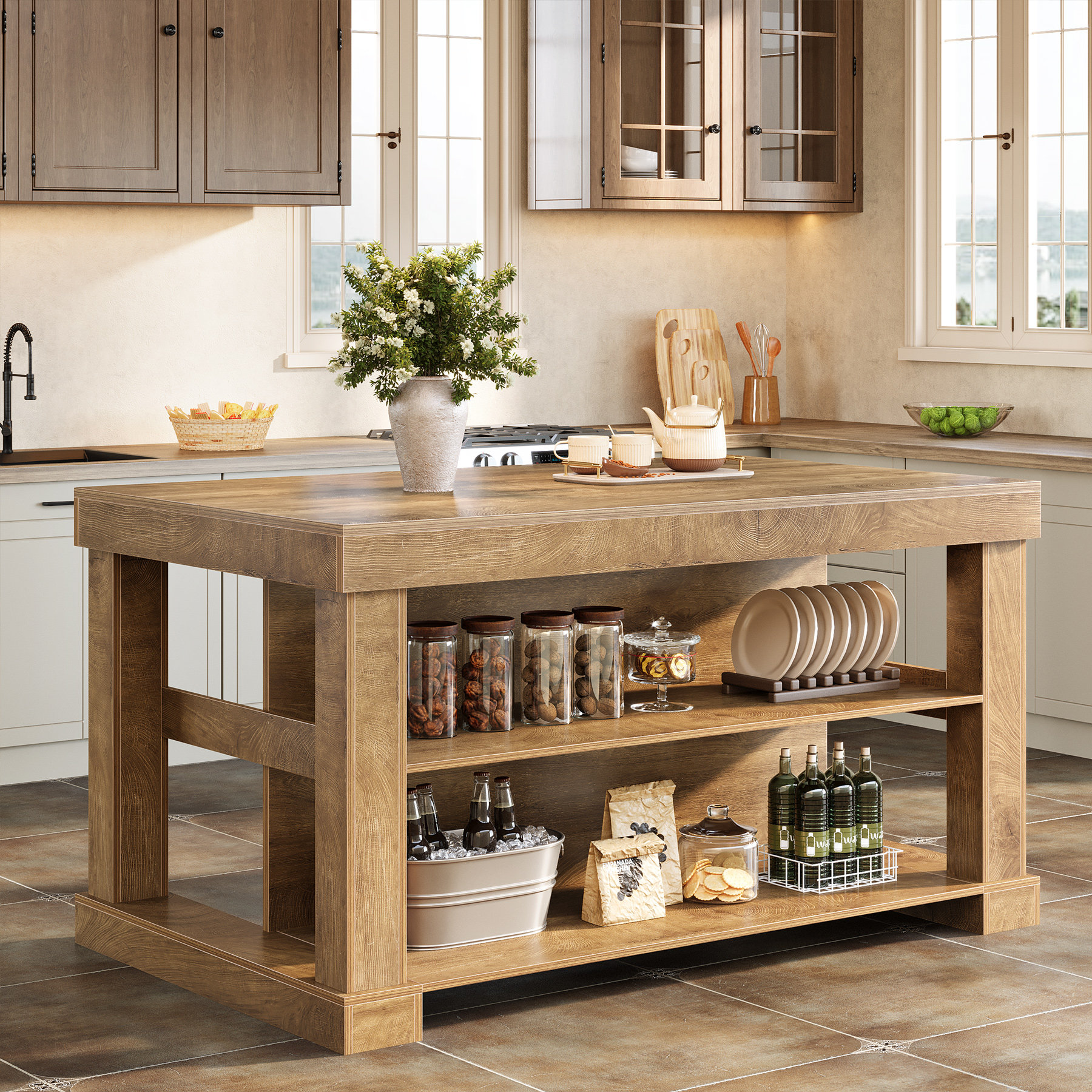 Millwood Pines Kitchen Island With Storage Shelves, 55 Inch Kitchen Shelf With Large Worktop ...