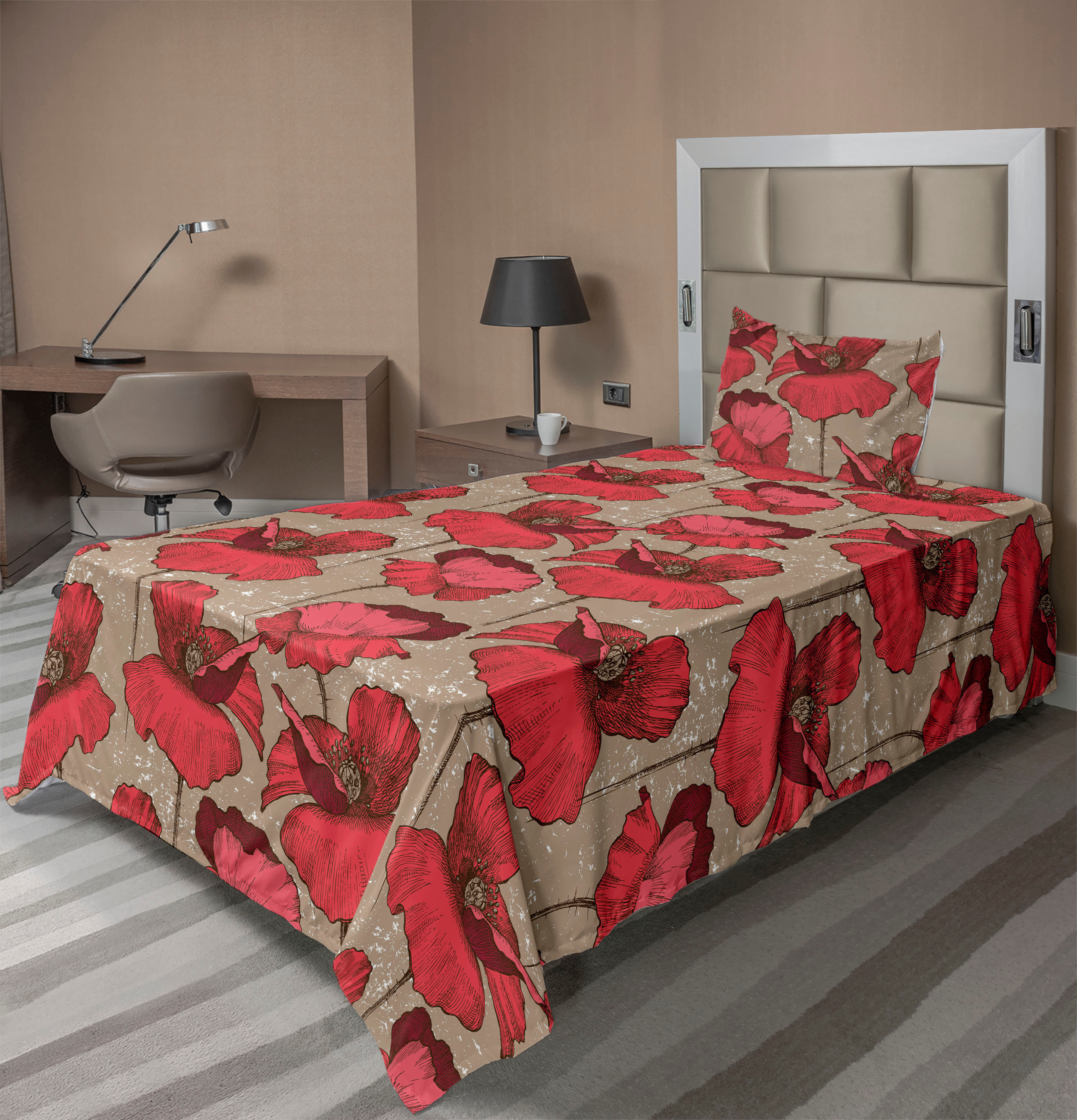 Ambesonne Poppy Sheet Set Retro Garden Blooming Floral Dark Coral and ...