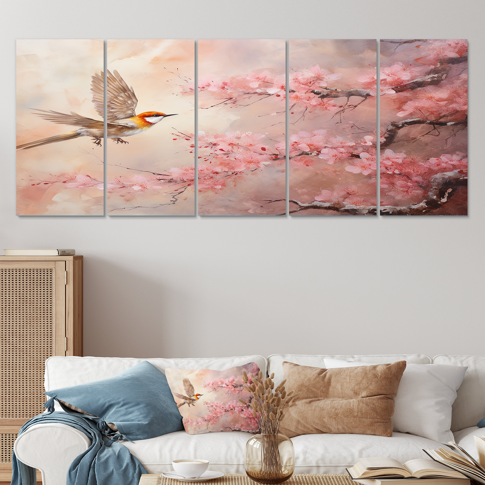 Lark Manor™ Golden And Pink Birds On Floral Tree I - Bird 5 Piece Wall ...