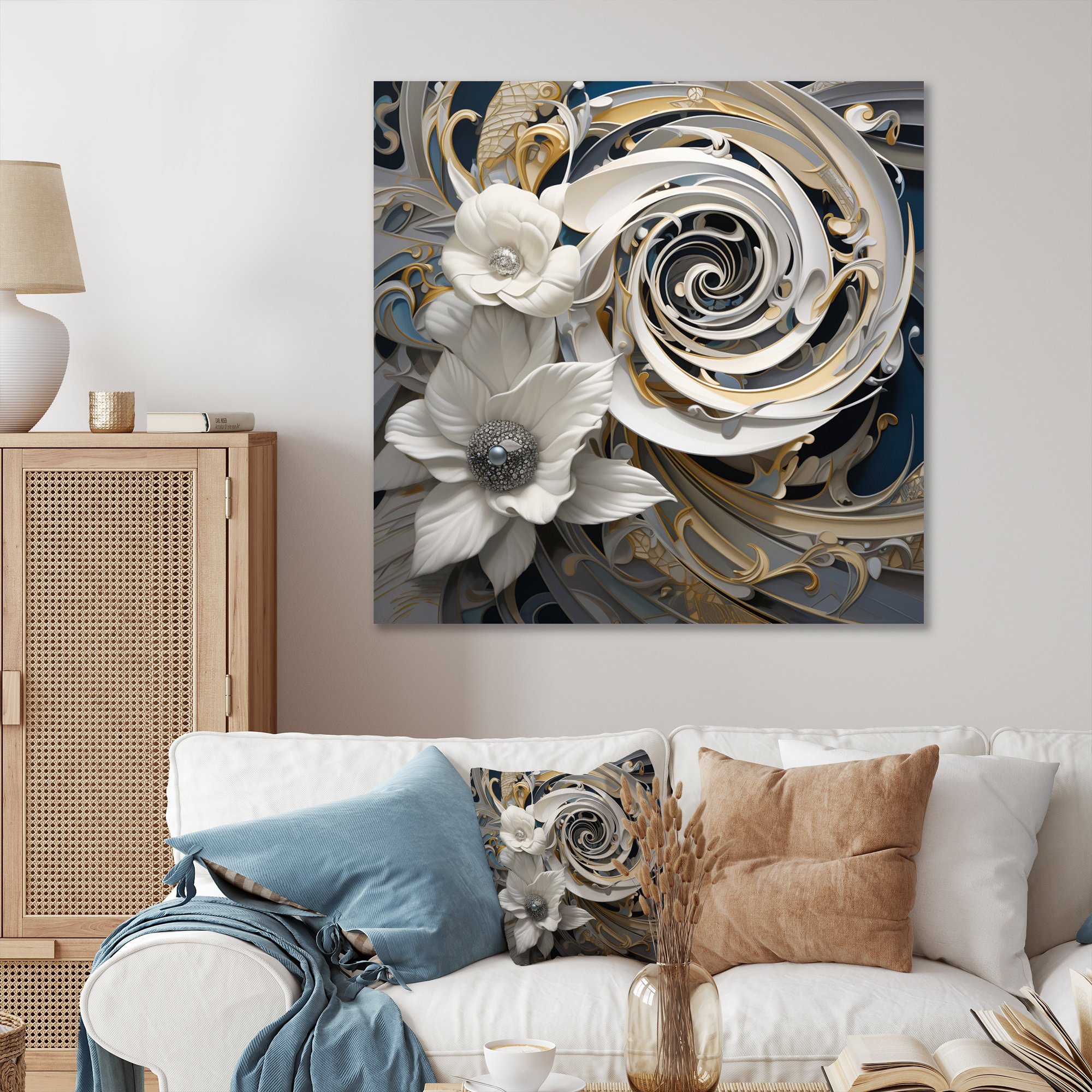 House of Hampton® White Blossoming Spring Fractal Flowers On Canvas ...