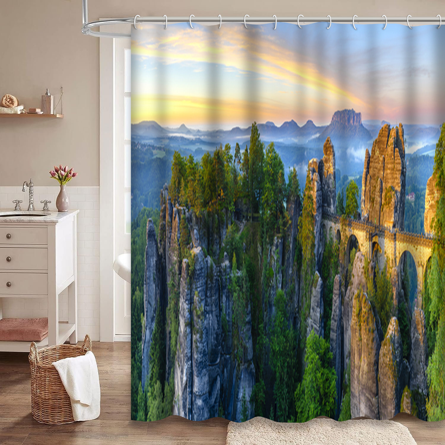 East Urban Home Swiss Bridge Shower Curtain with 12 Hooks - Autumn Park ...