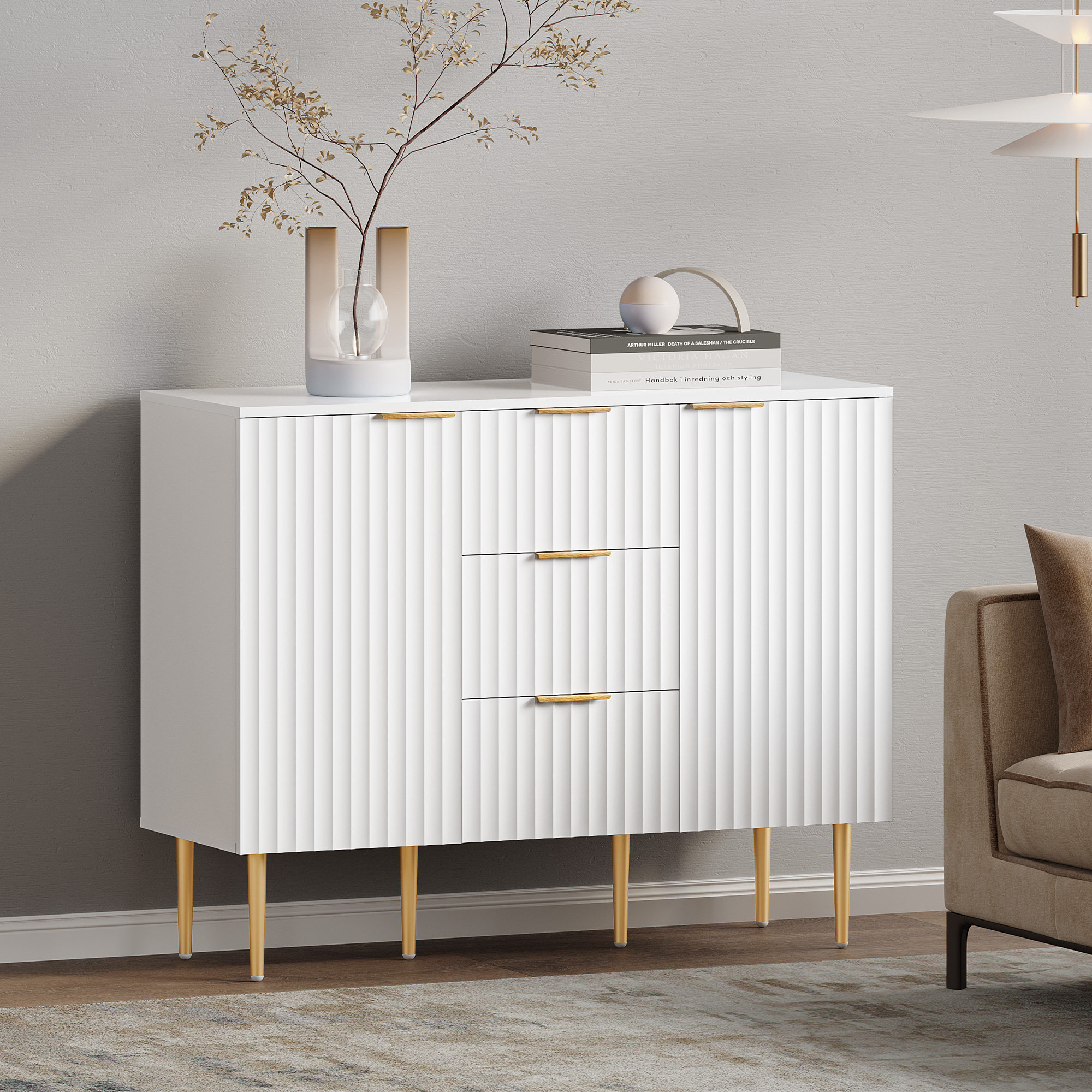 Mercer41 Modern Fluted Sideboard With 3 Drawers And 2 Doors, Storage ...