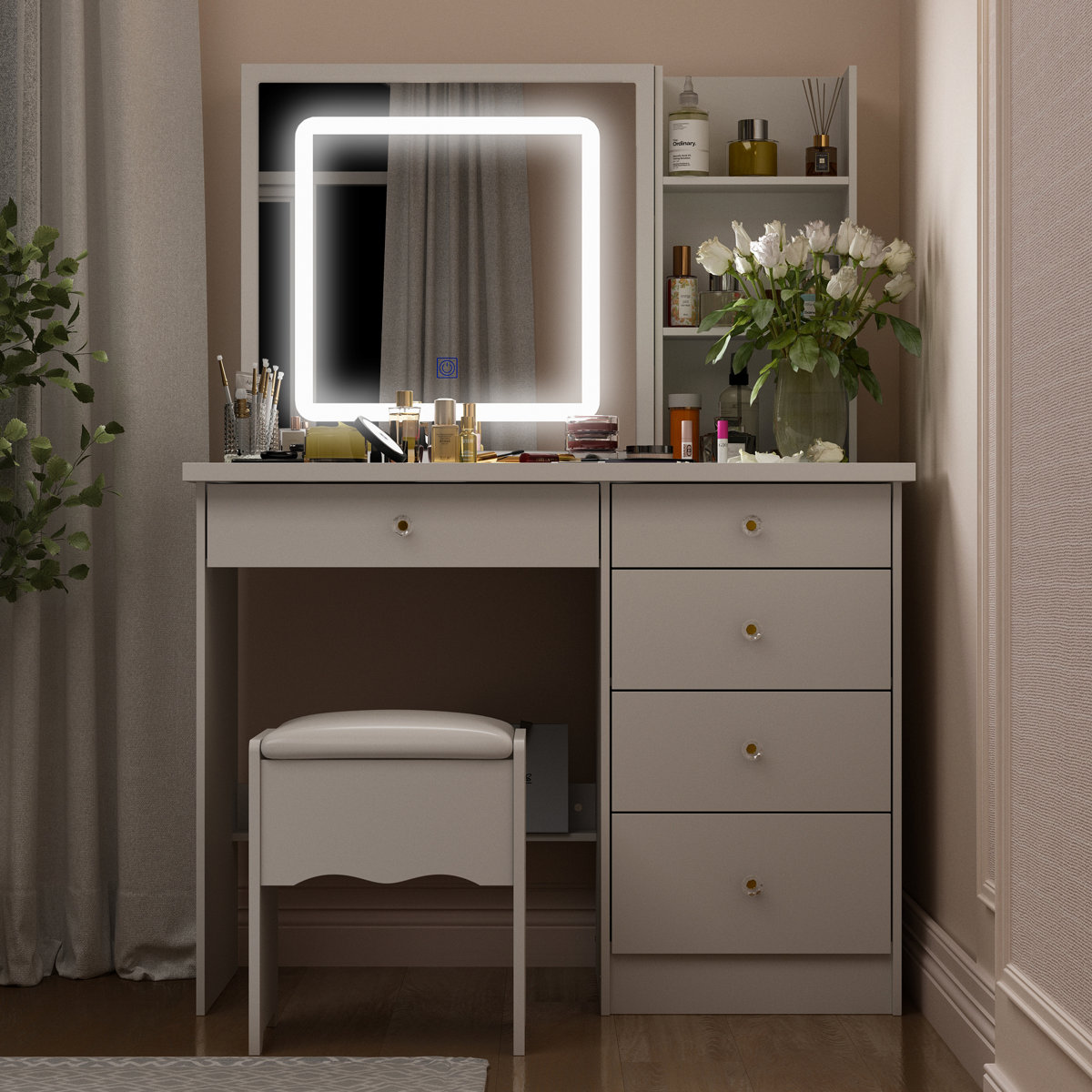 Wrought Studio™ Makeup Vanity Set With Sliding Mirror And Lights ...