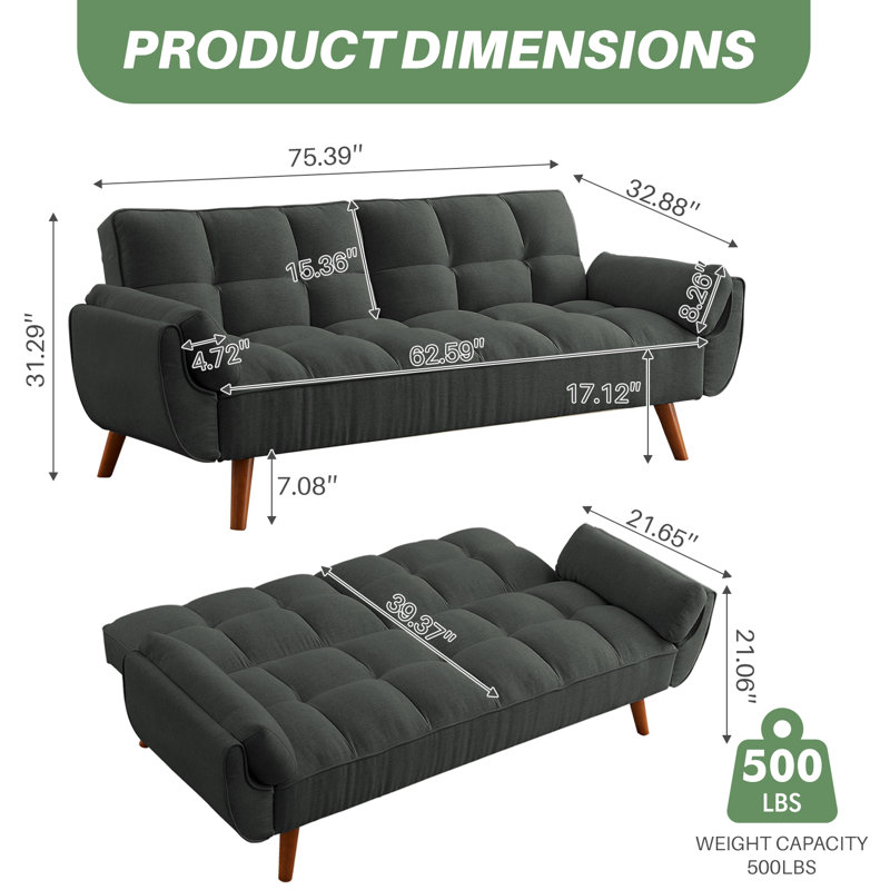 George Oliver Kamaren Full 75.39" Futons Upholstered Convertible Sofa ...