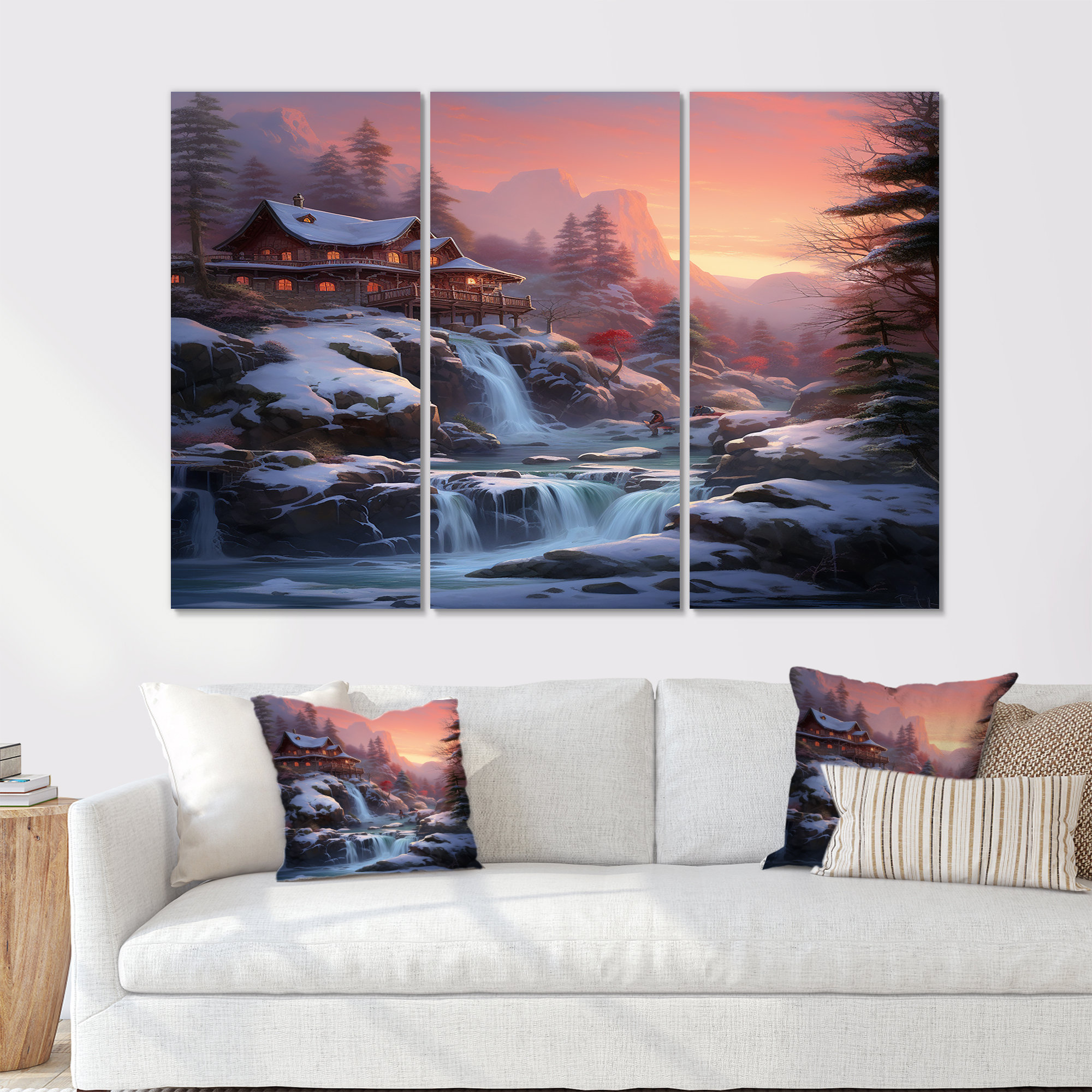 Design Art Christmas Mansion Snowy Rocks River Waterfalls - Waterfall ...