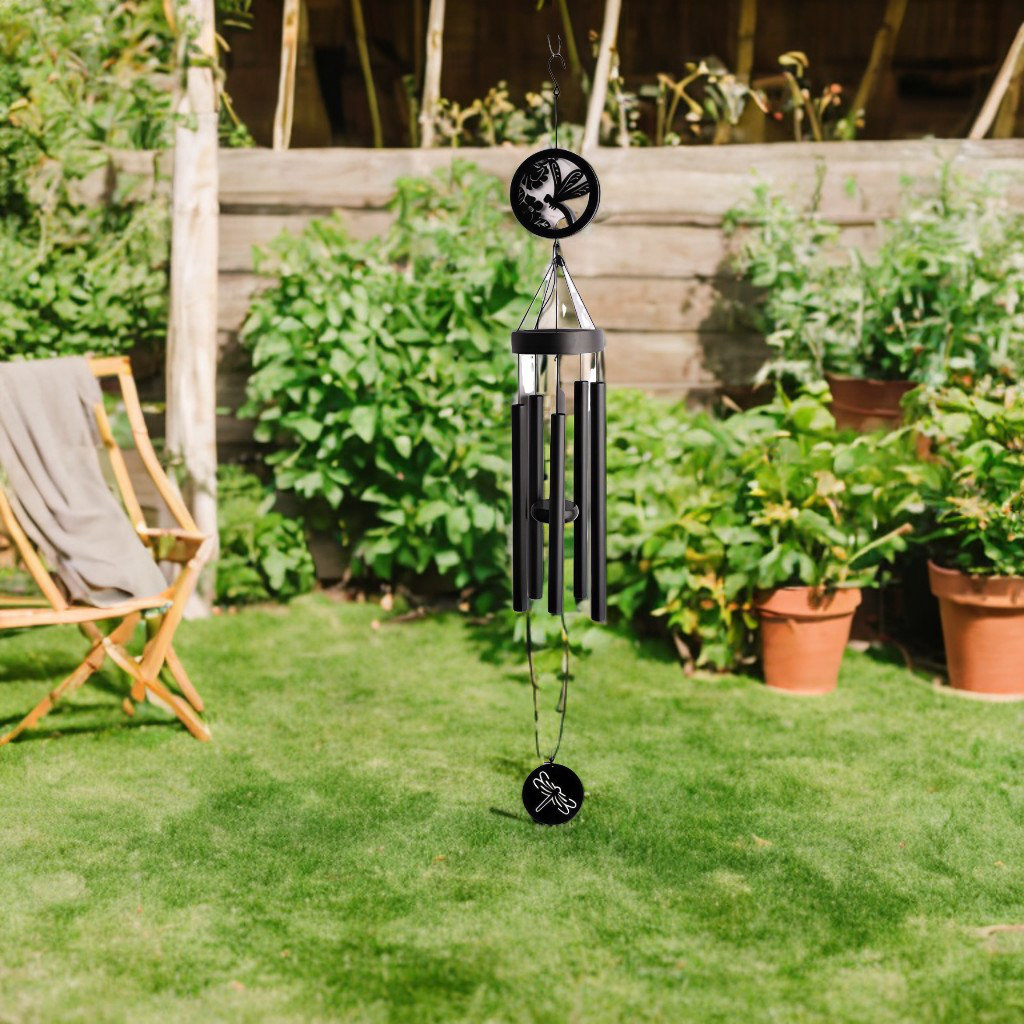 Arlmont & Co. 45" Long Solar Dragonfly Silhouette Wind Chime | Wayfair
