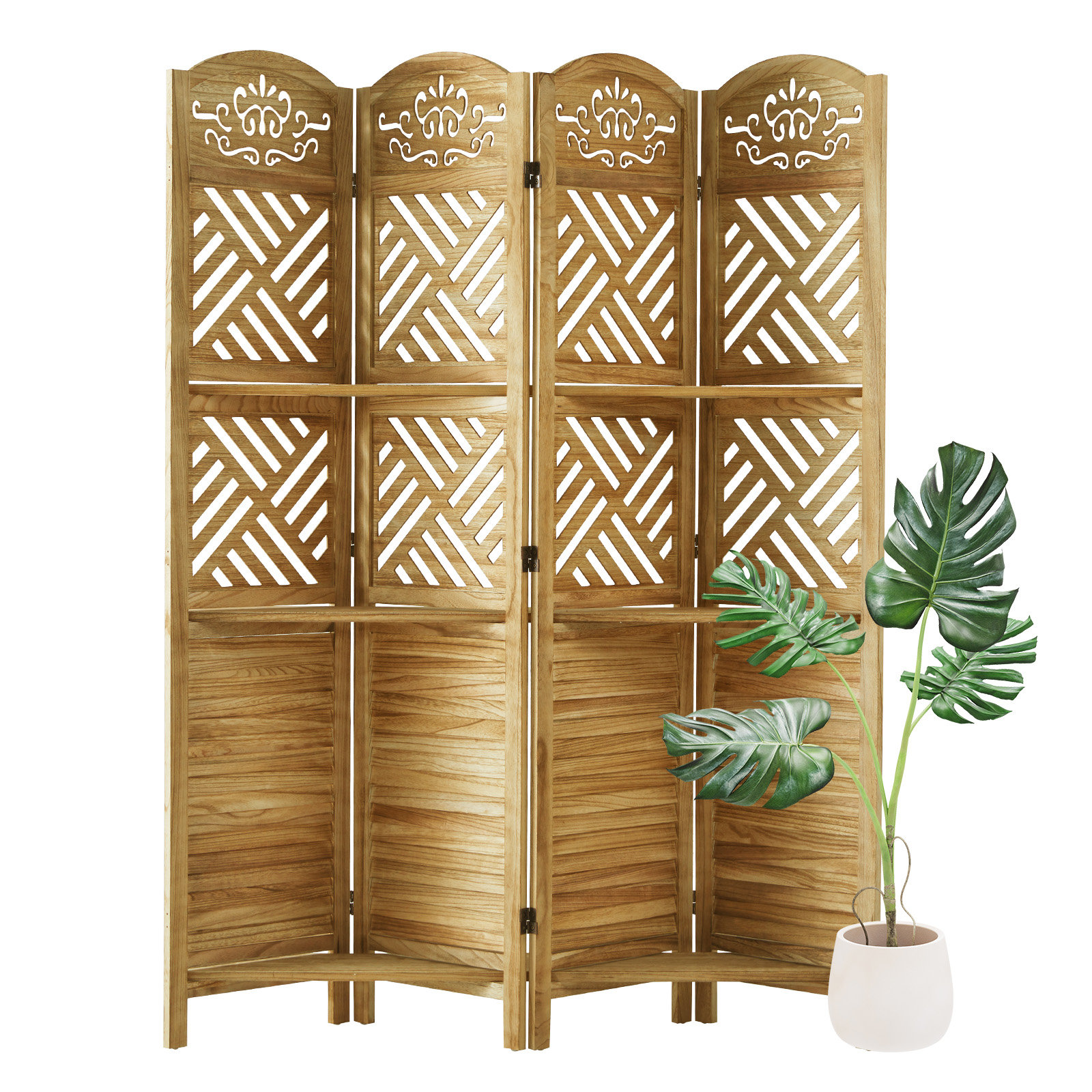 Dakota Fields Wood Carved Room Divider with Shelves - Louvered Folding ...