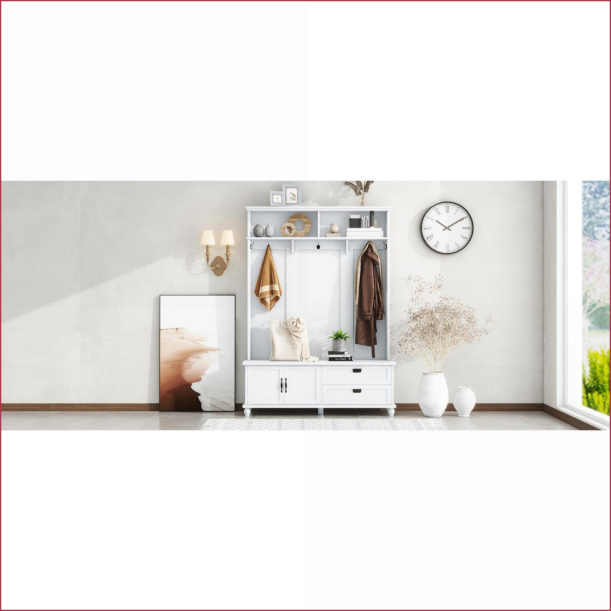 Latitude Run® Hall Tree, Modern White Mudroom Storage with 5 Hooks ...