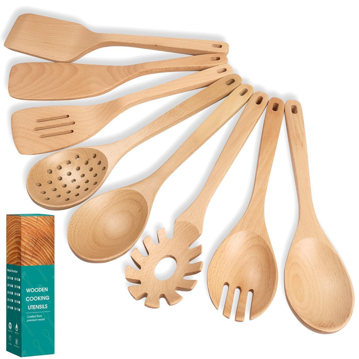 Runbang Wooden Spoons For Cooking, 8 Pcs Beech Wood Wooden Kitchen ...