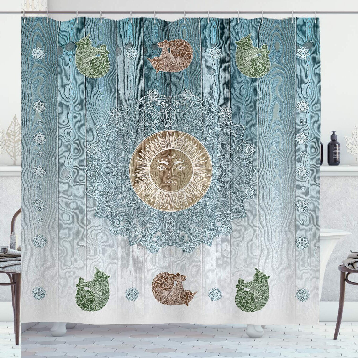 Dakota Fields Boho Sun Cats Shower Curtain - Vintage Totem Design ...