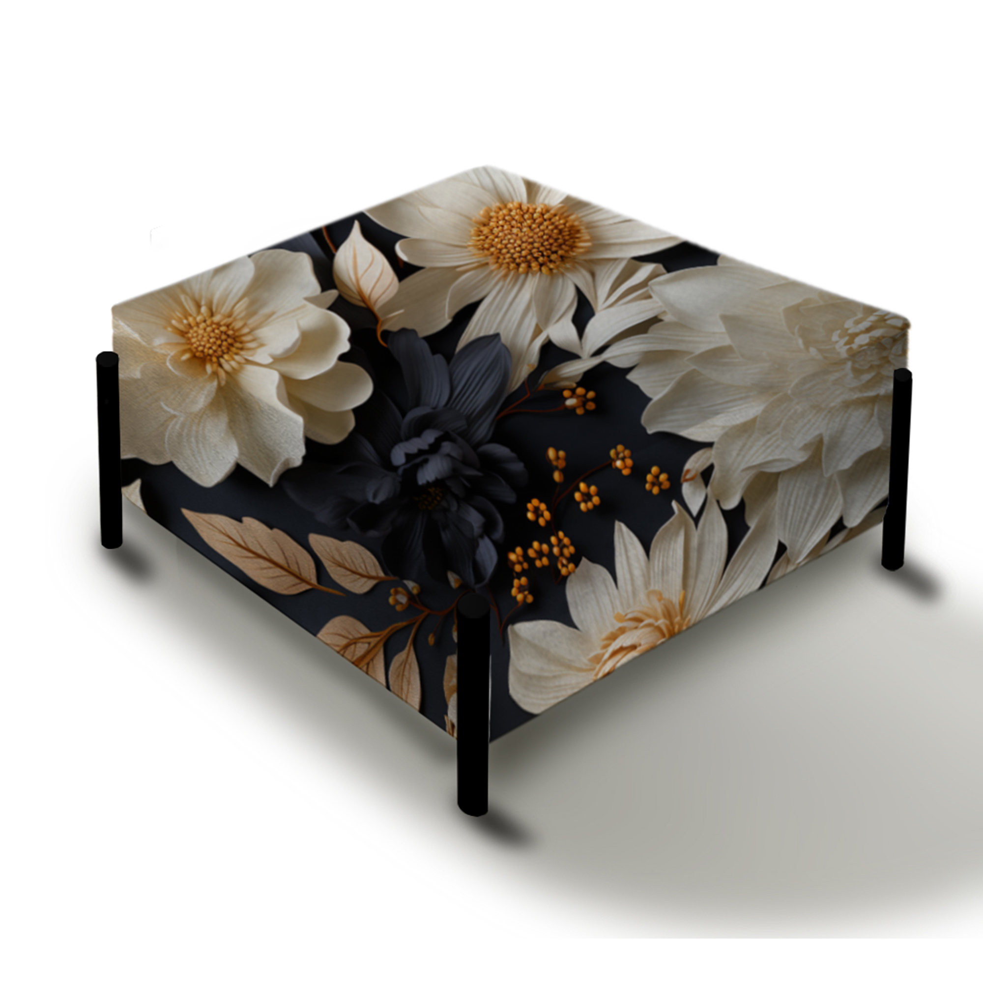 Design Art White Dahlia Cottage Collage - Floral Large Square Ottoman ...