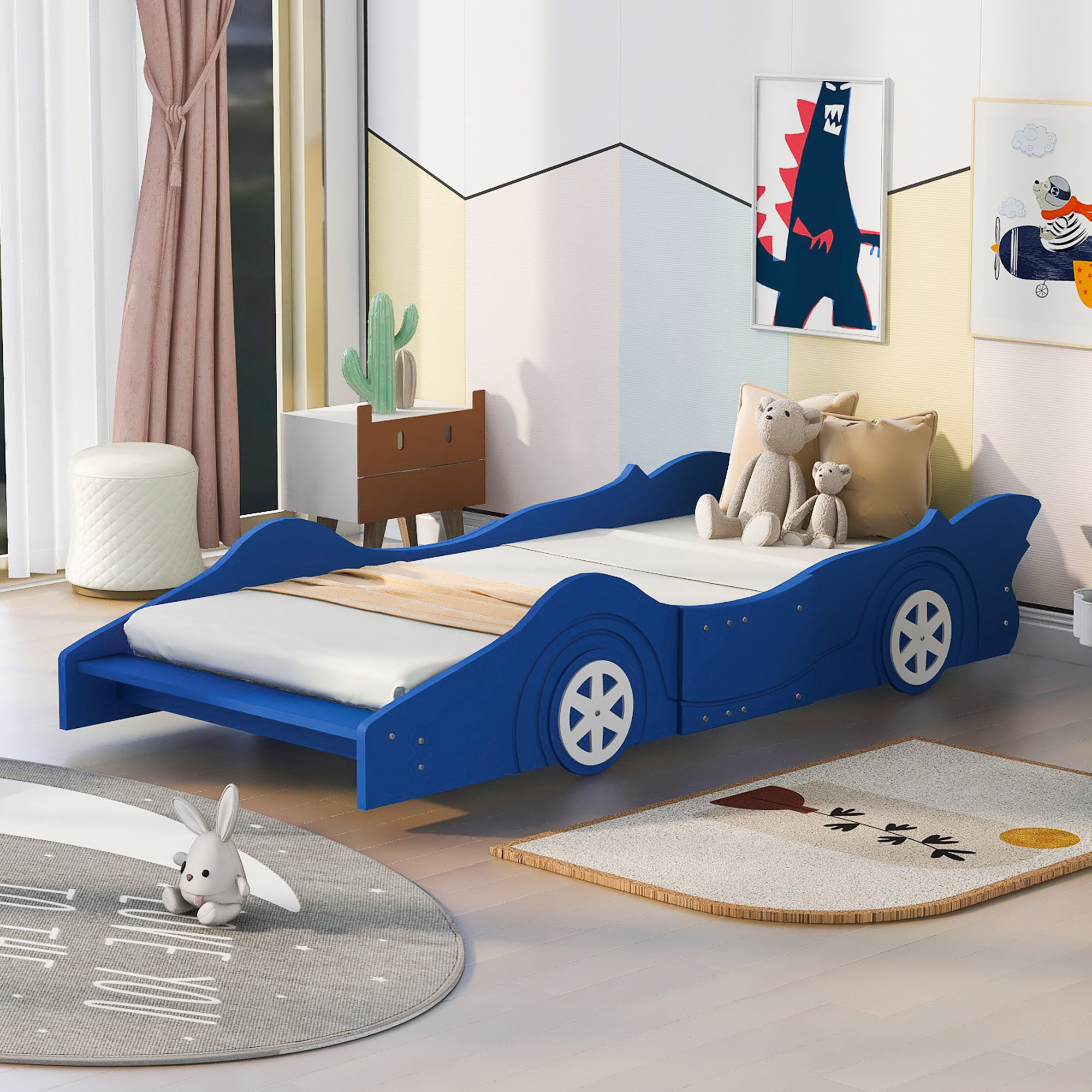 ExpressThrough Size Race Car-Shaped Platform Bed With Wheels | Wayfair