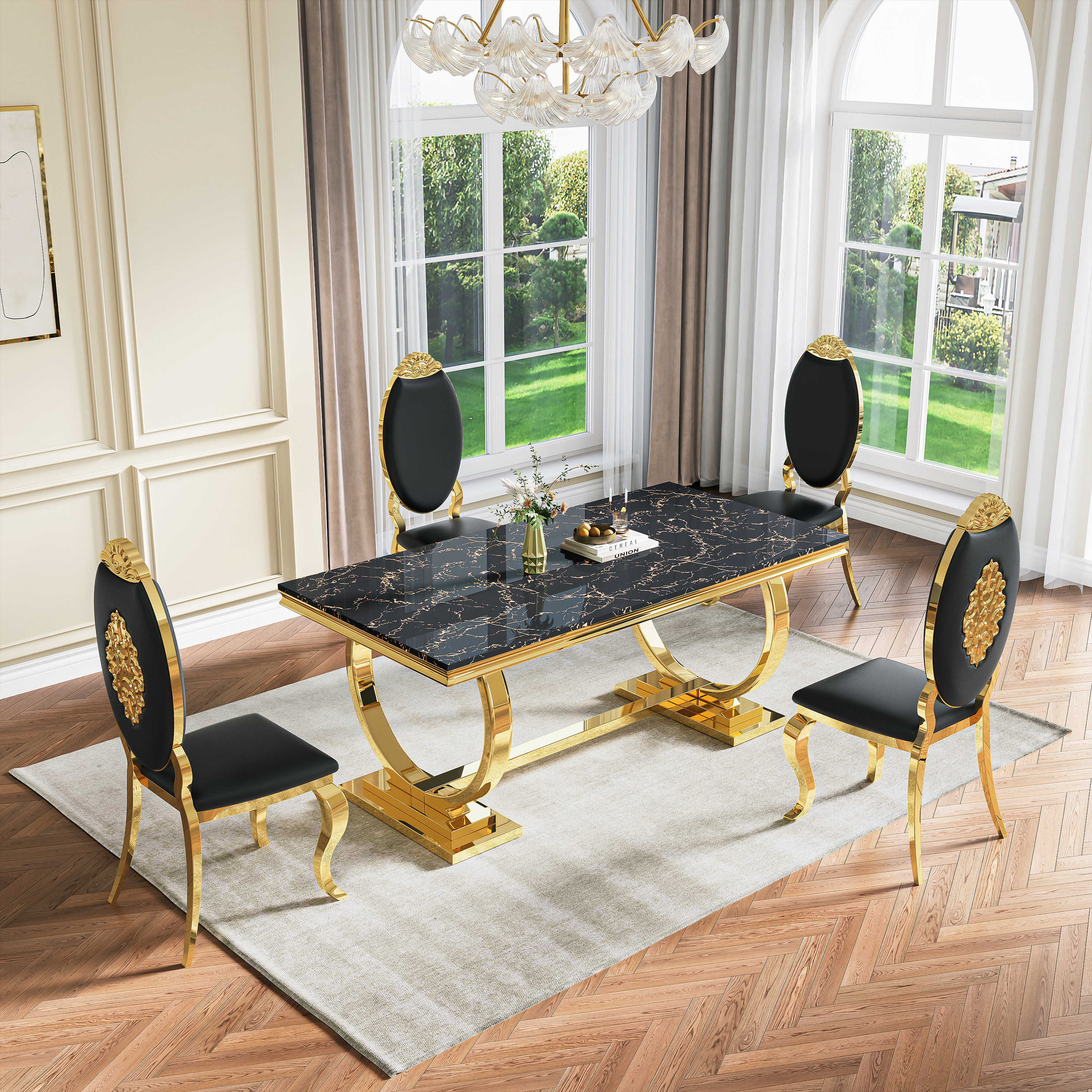 Mercer41 70" Dining Table Set, Faux Marble Dining Table Set With High ...