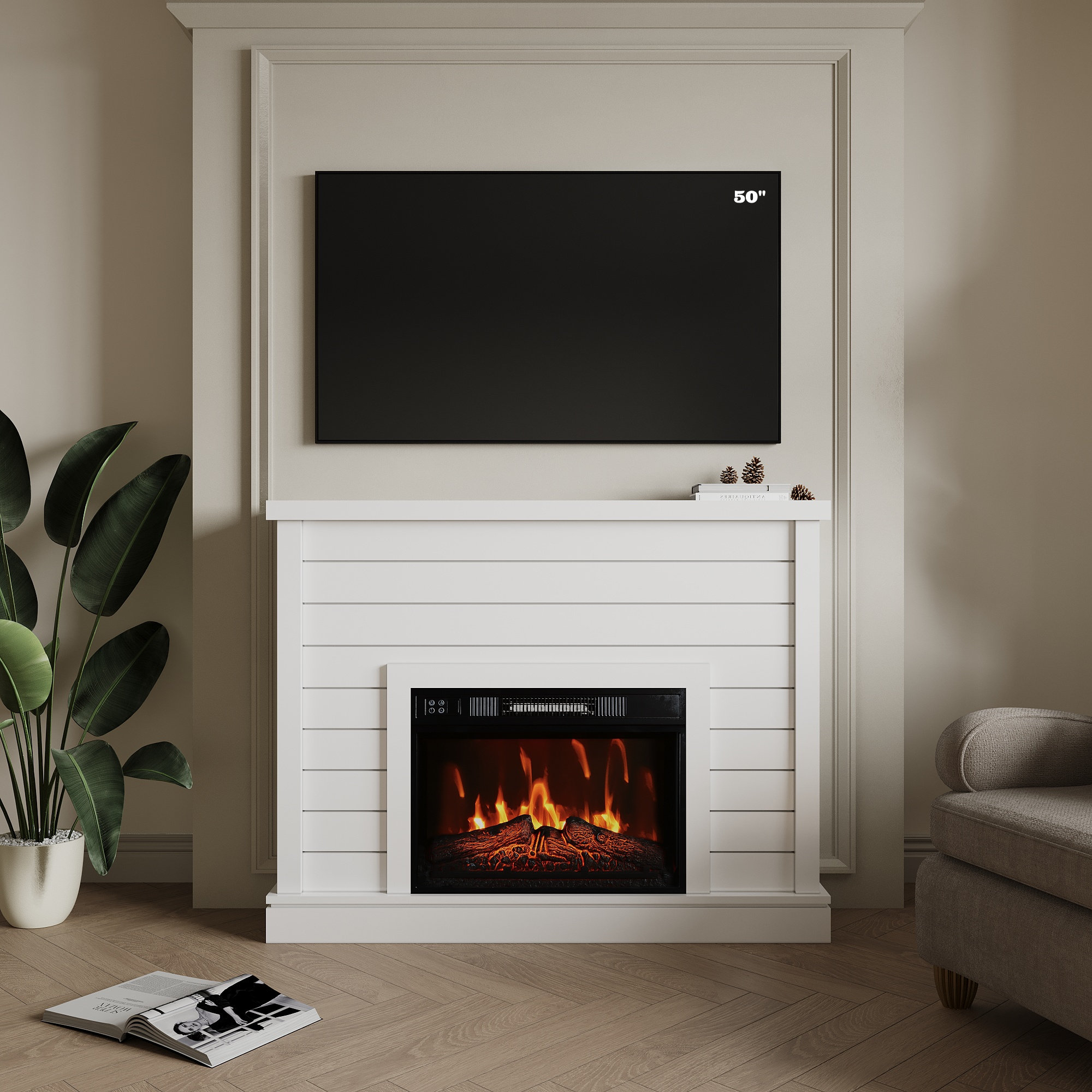 Winston Porter 47.2"W TV Stand Shiplap Fireplace Mantel with Electric ...