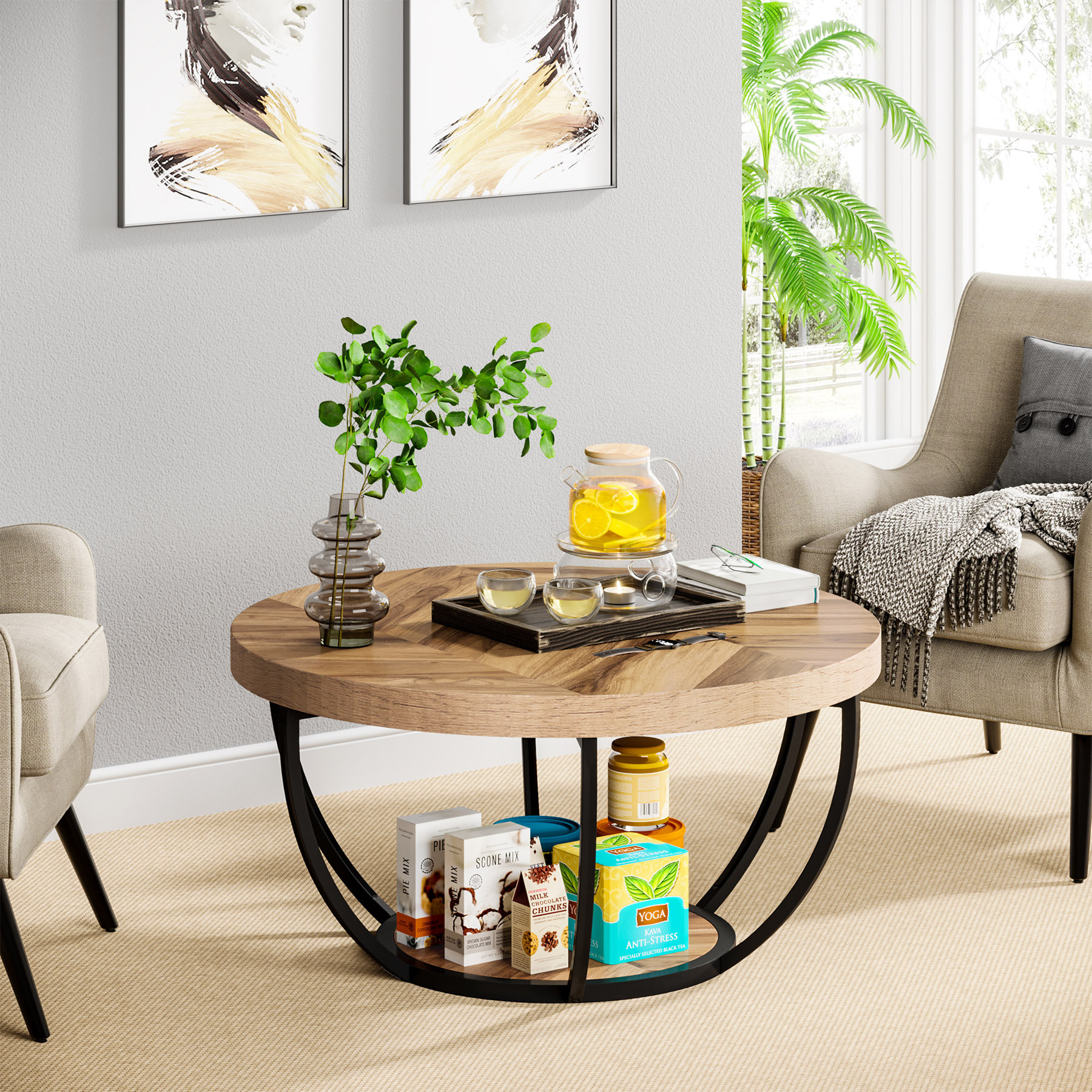 17 Stories Modern 2-Tier Round Coffee Center Table with Wooden Circle ...