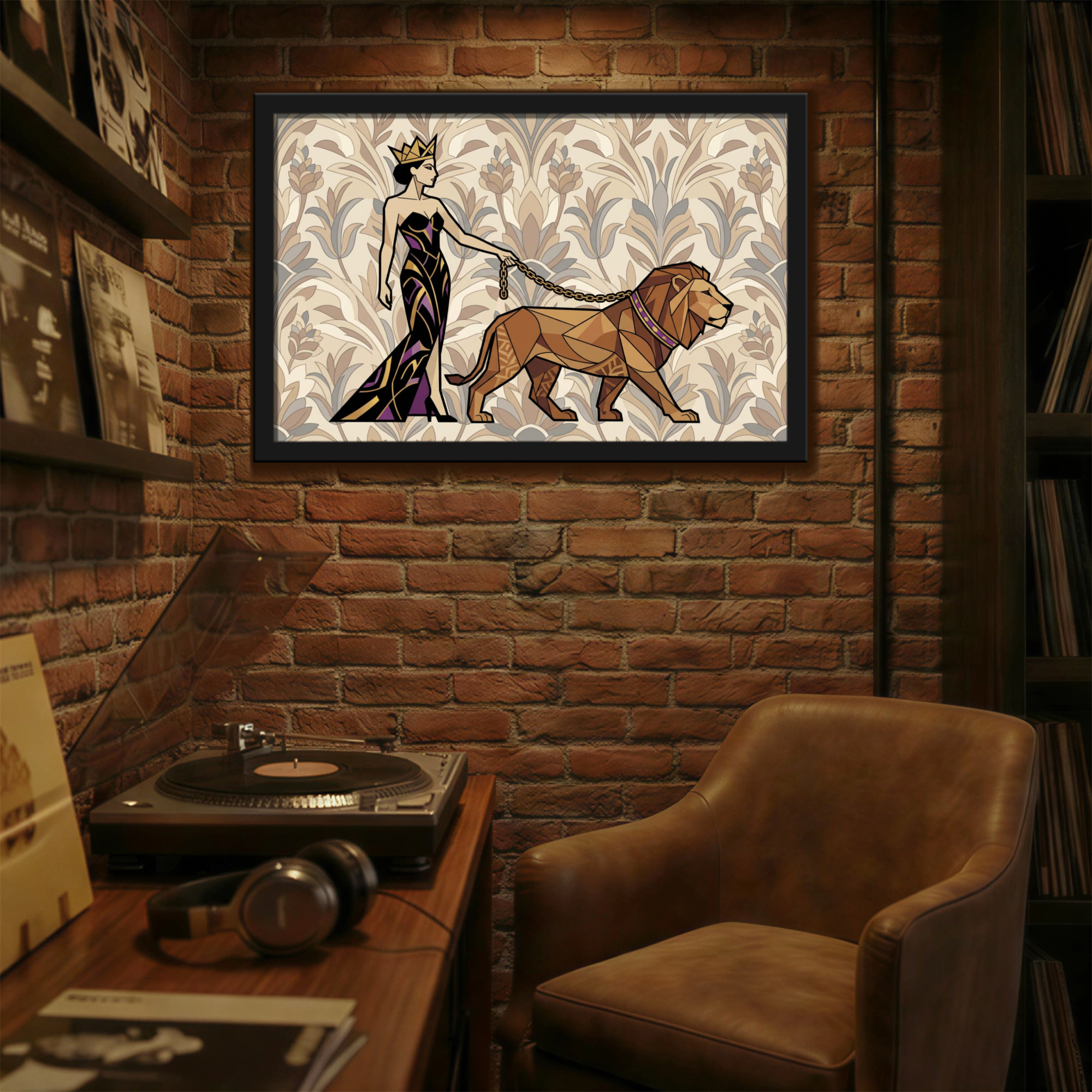 Everly Quinn Animals Queen With Lion On Leash Pattern Print | Wayfair