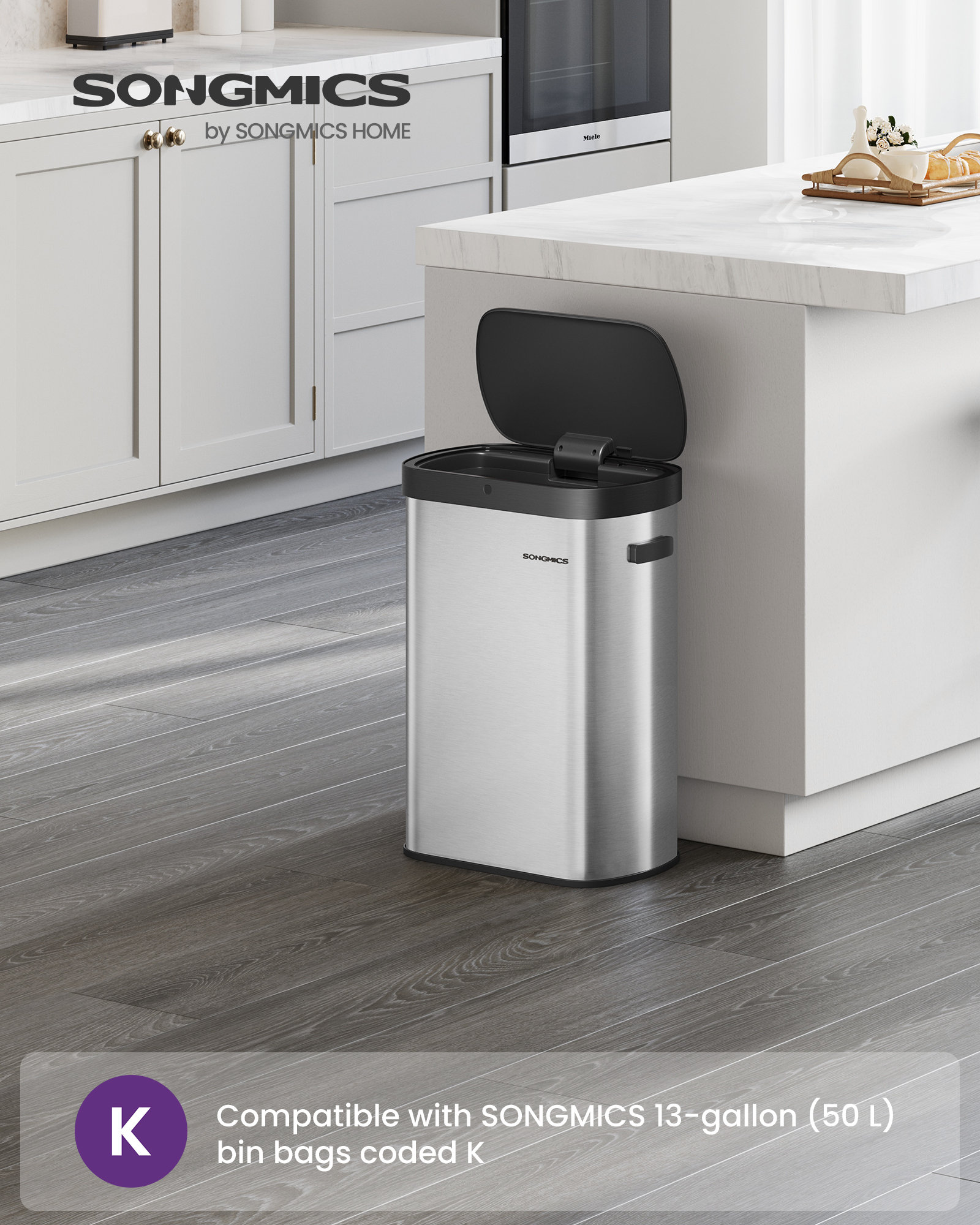 Songmics Motion Sensor Kitchen Bin, 13-Gallon (50 L) Automatic Rubbish ...