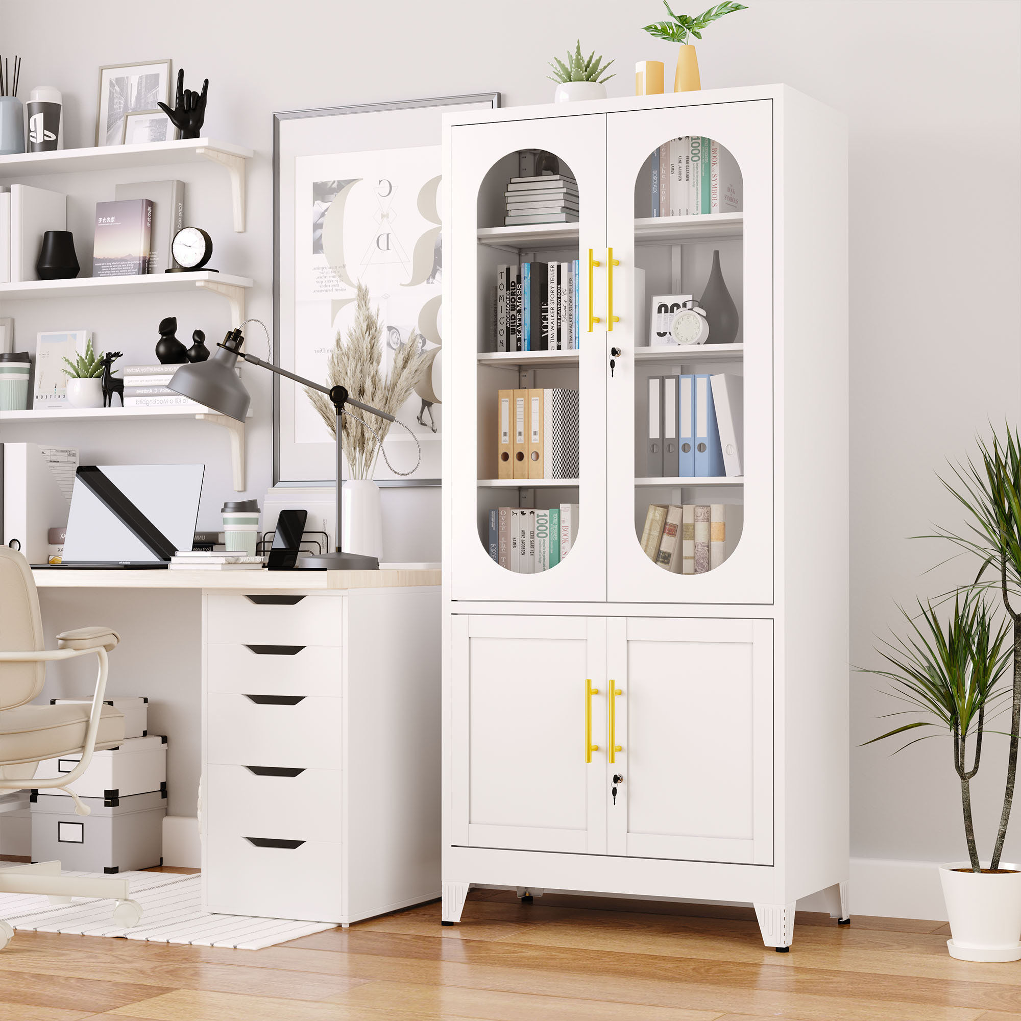 Inbox Zero Metal Vertical Home Office Filing Cabinet with Glass Doors ...