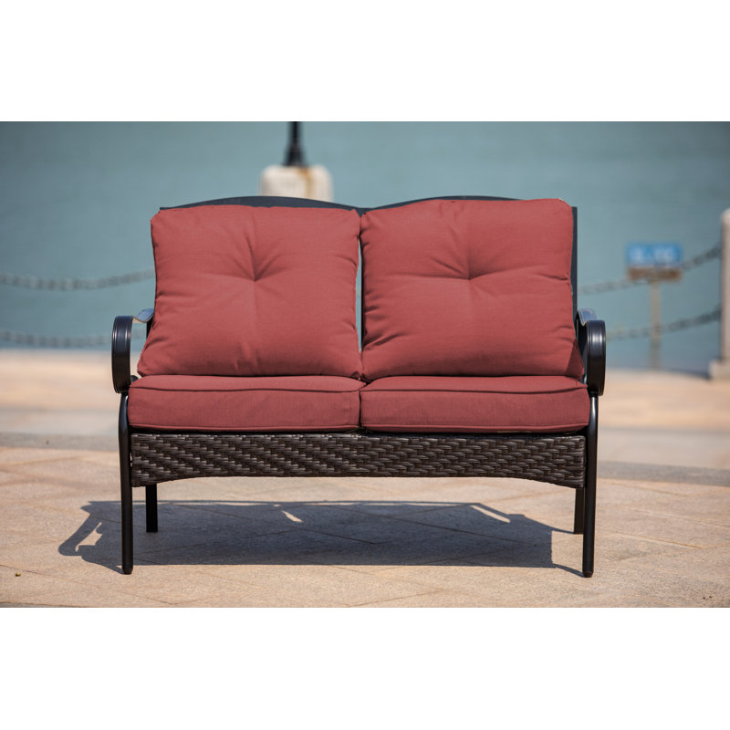 Winston Porter W48 In. Outdoor Metal Wicker Loveseat With Red Cushions ...