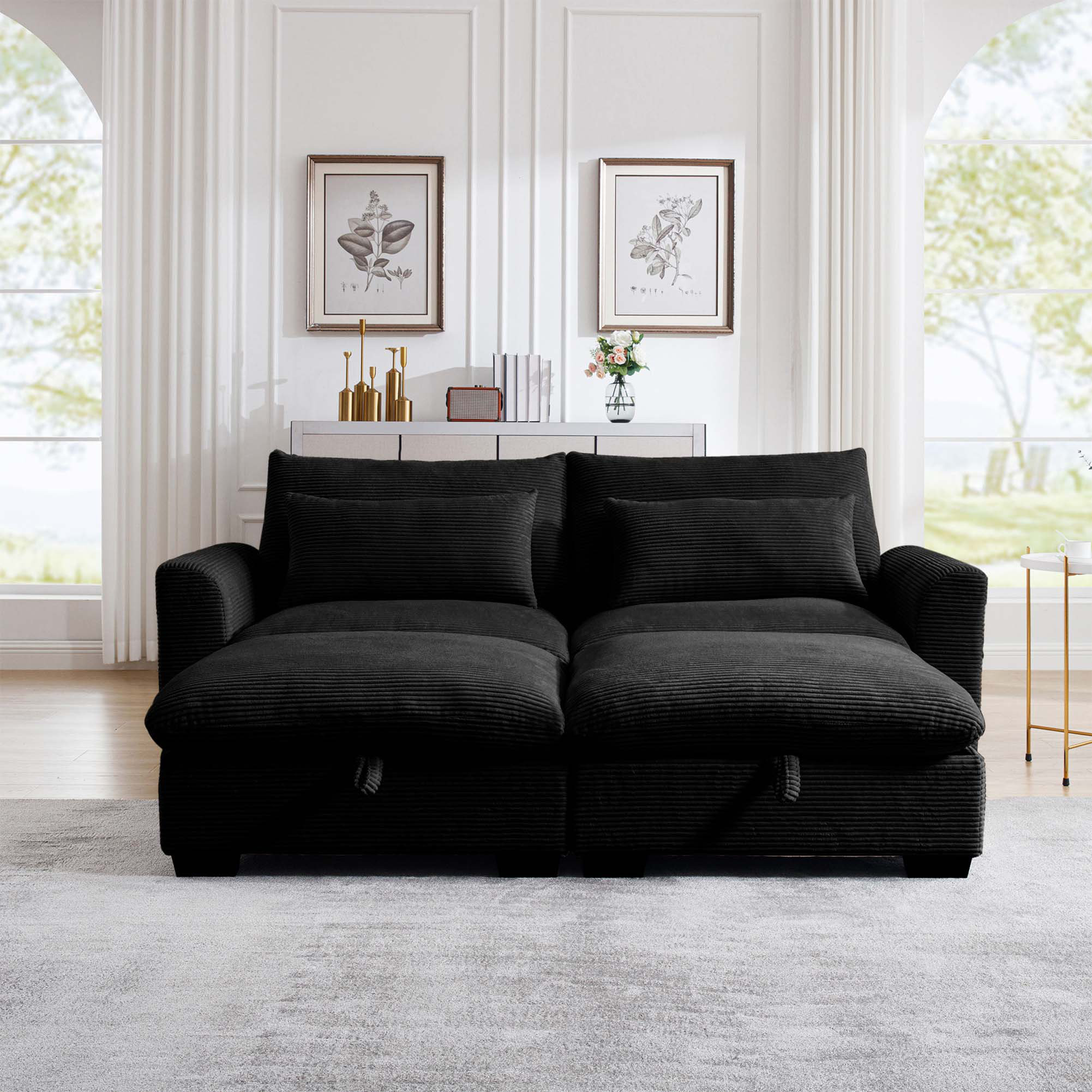 Everly Quinn Corduroy Two-Seater Sofa With 2 Storage Footrest,2 Seater ...