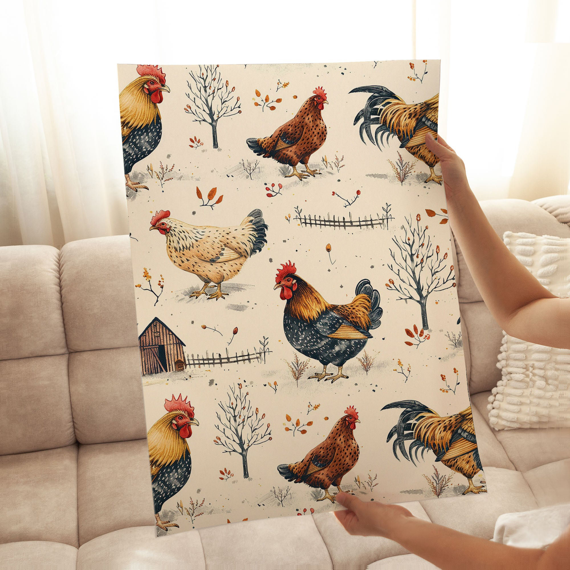 Winston Porter Animals Rustic Farmhouse Chickens Pattern III Farmhouse Unframed Art Print | Wayfair