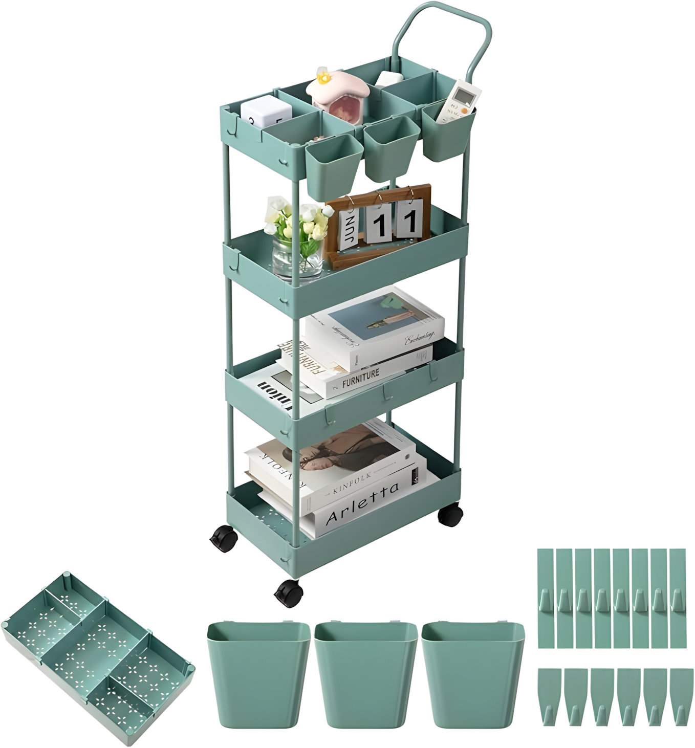 JJbaok Slim Rolling Storage Cart With Hooks, Hanging Cups & Dividers ...
