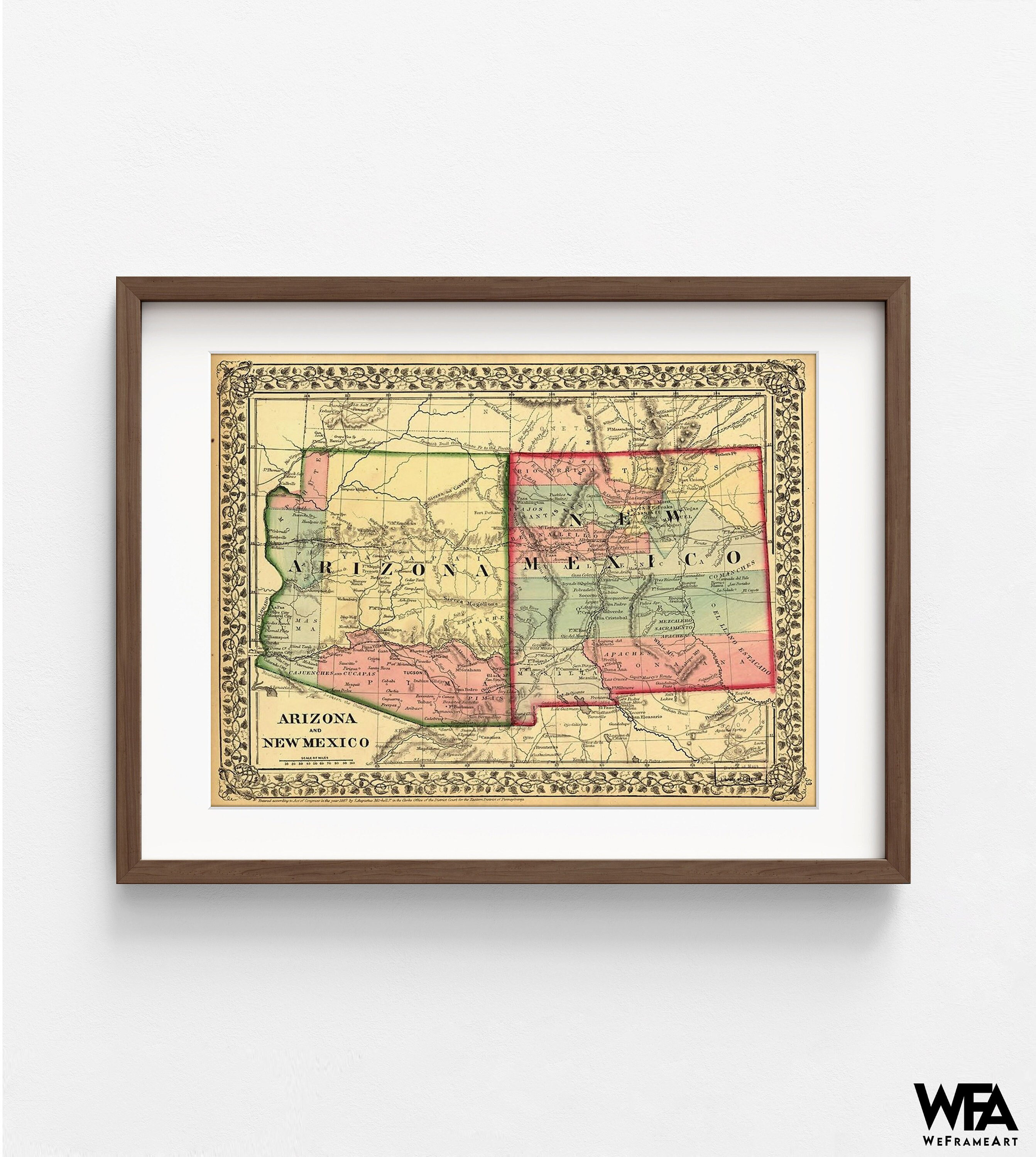 WeFrameArt Arizona And New Mexico 1867, Colorful Arizona Map Poster ...