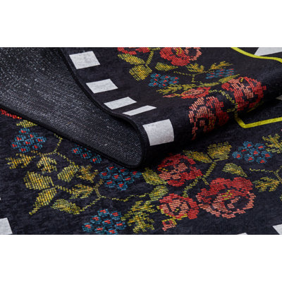 Bungalow Rose Cotton Black Machine Washable Rug | Wayfair