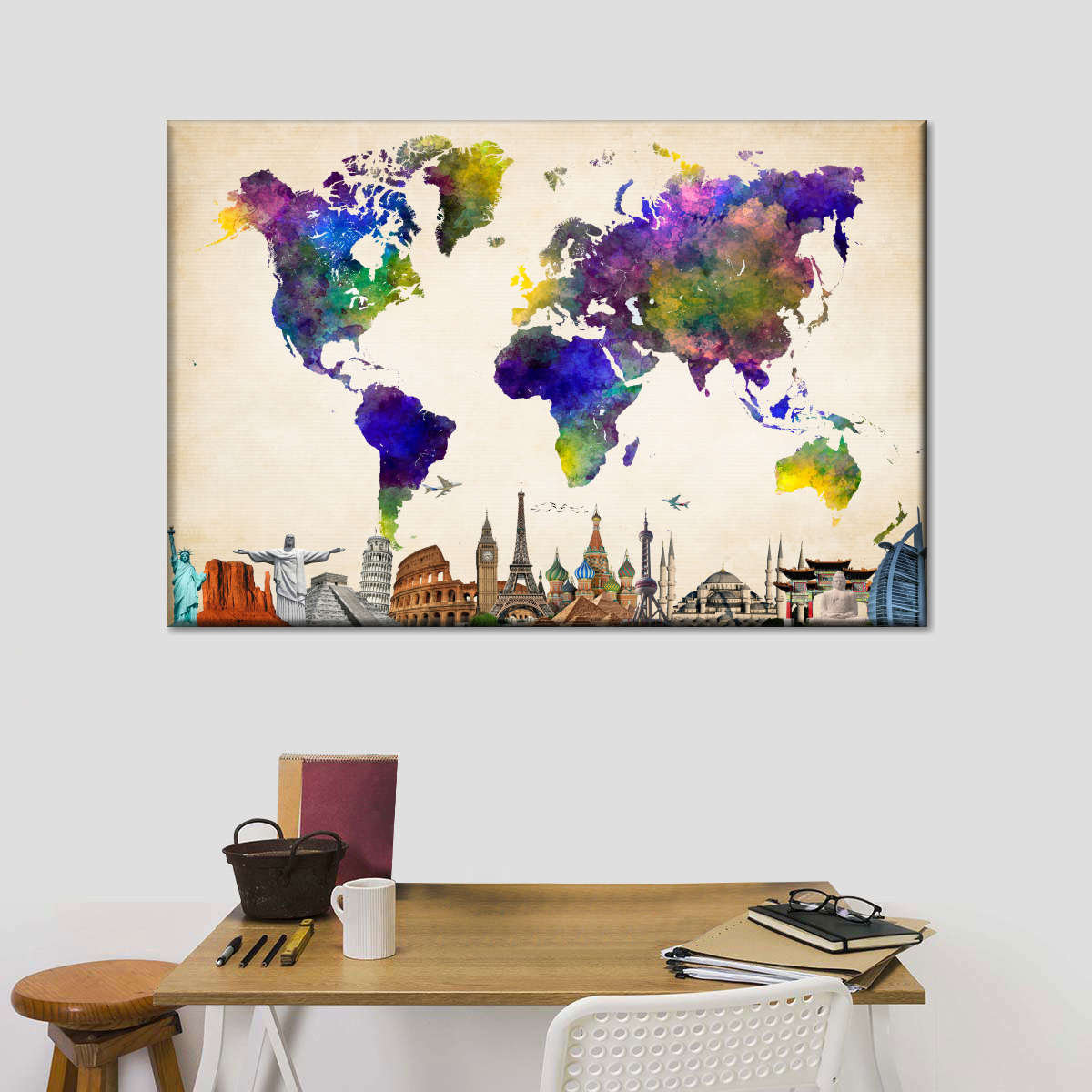 Trinx Rainbow Grunge World Map - Wrapped Canvas Print | Wayfair
