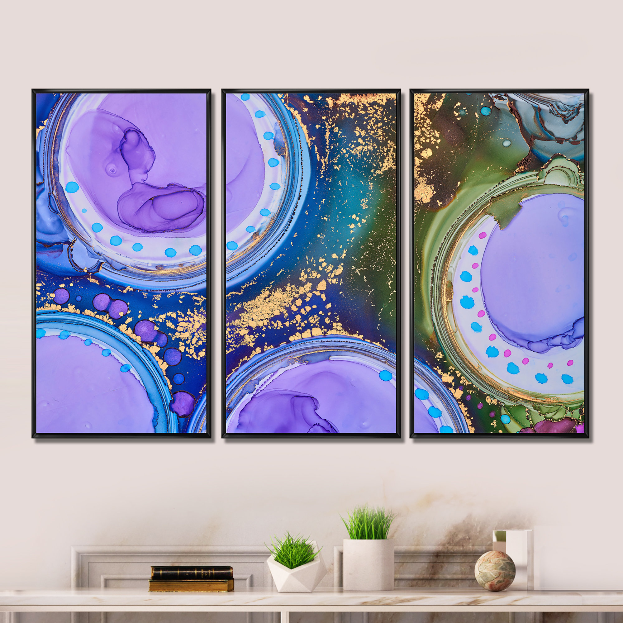 Everly Quinn Purple And Gold Luxury Abstract Fluid Art I - 3 Piece ...