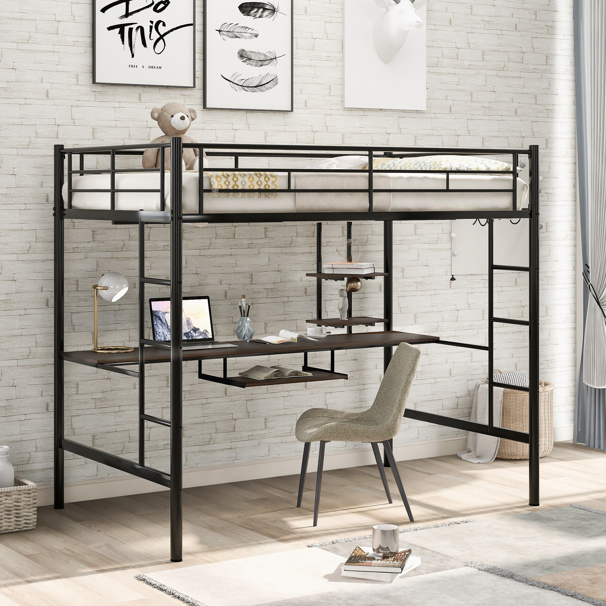 Ivy Bronx Full Size Loft Bed with Desk & Shelves, Black Metal Frame, Space Saving Study Bunk Bed ...